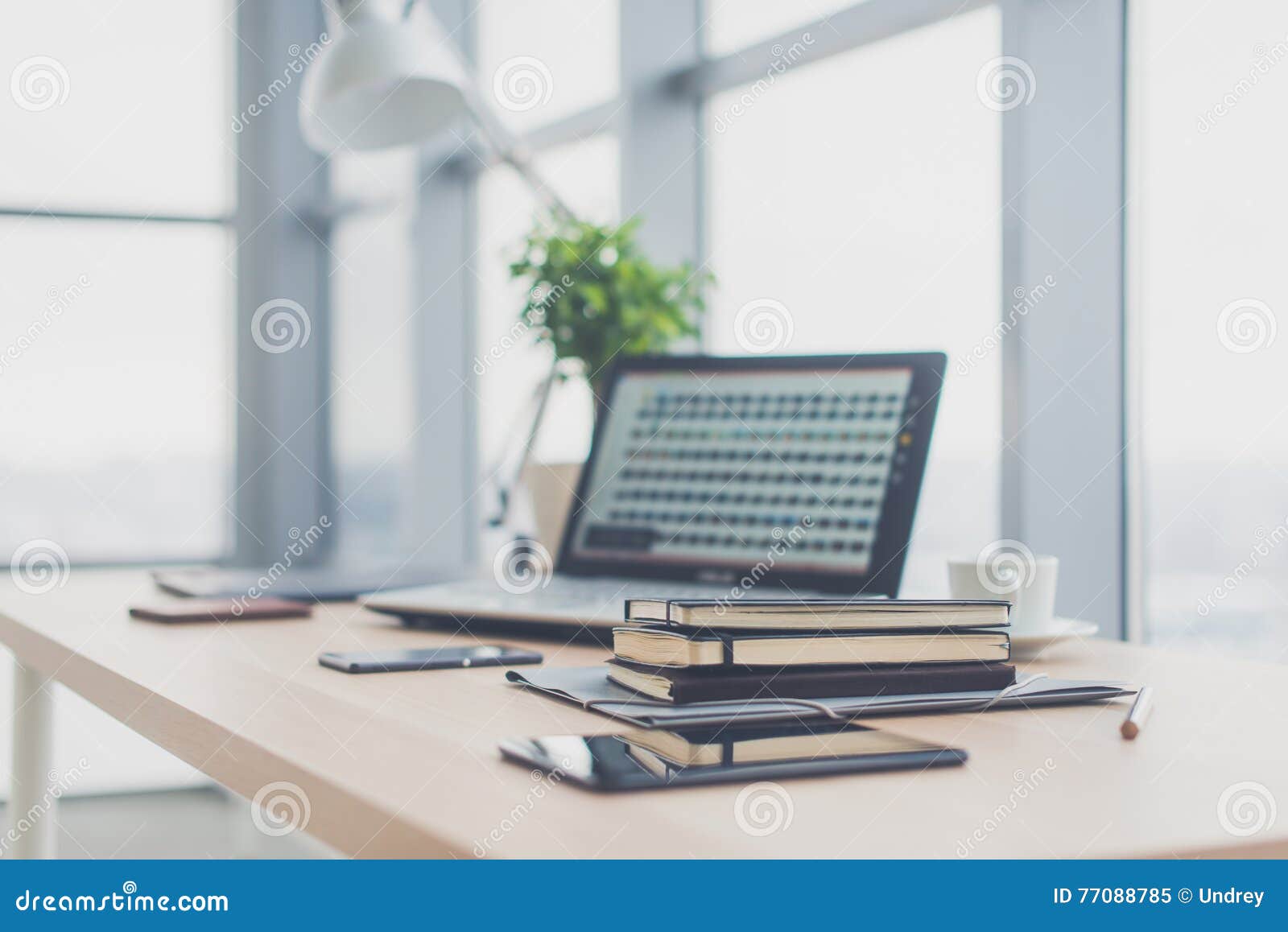 Office Workplace with Laptop and on Wood Table. Stock Image - Image of ...