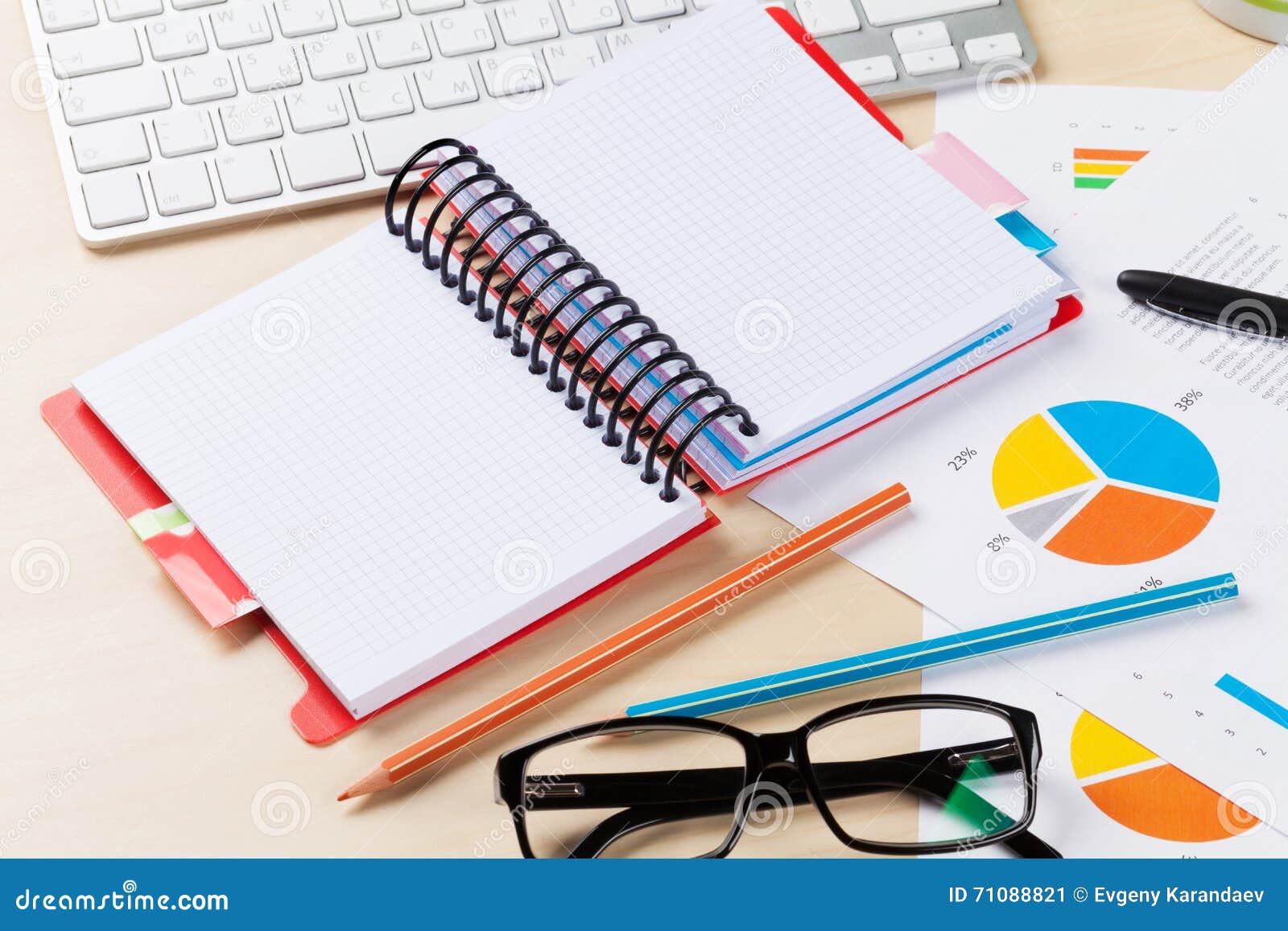 Office Workplace with Pc, Charts and Notepad Stock Image - Image of ...