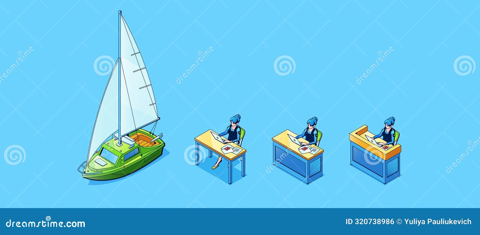 Office Workplace and Sailboat Isometric Vector Set Stock Illustration ...