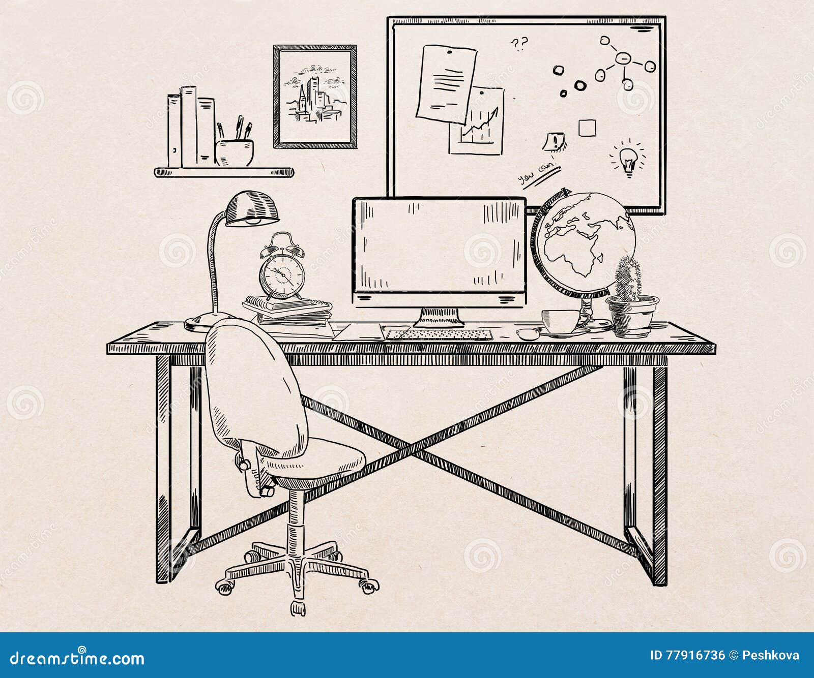 Workplace, Sketch Top View Illustration. Office Table With Computer ...