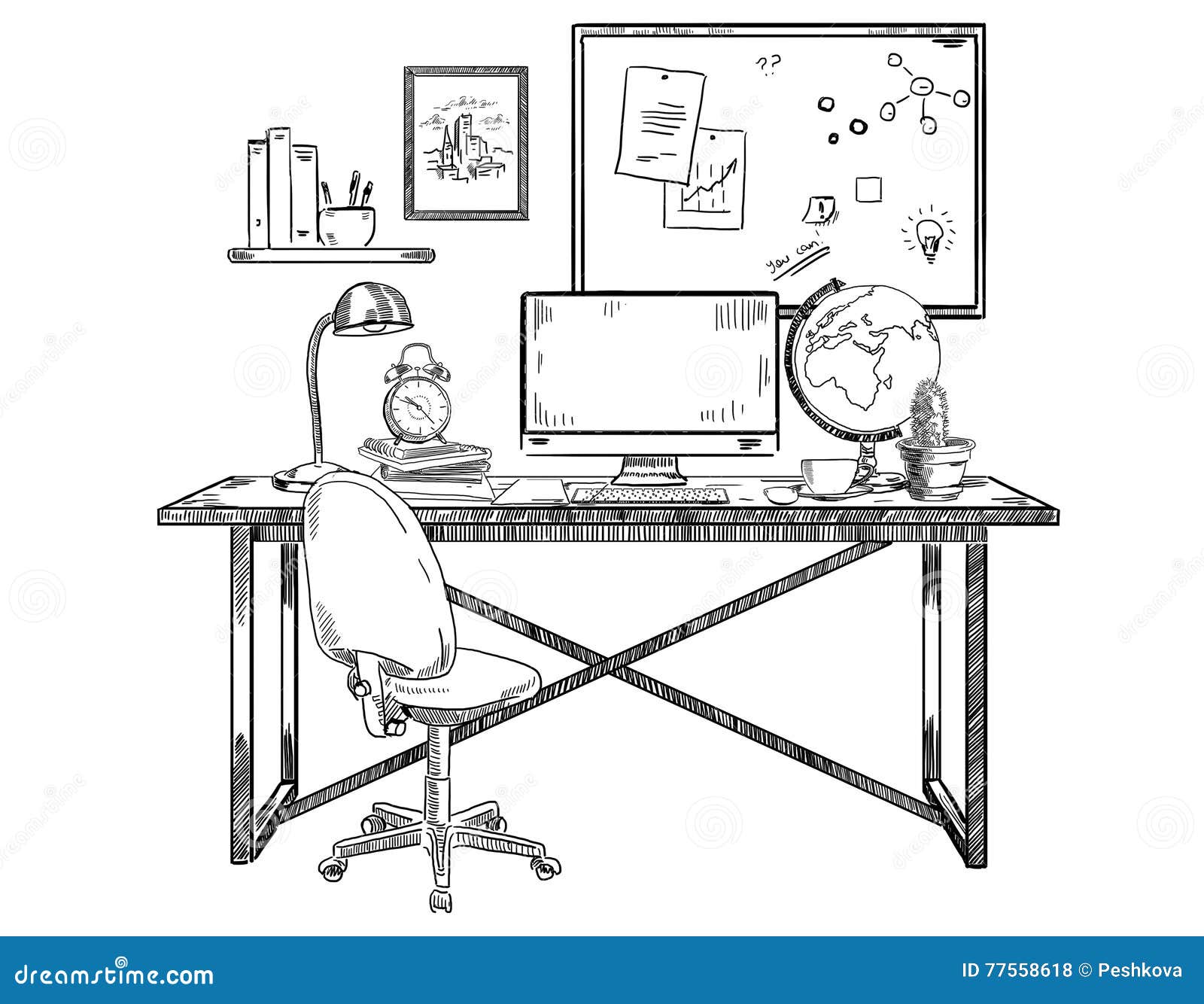 Workplace, Sketch Top View Illustration. Office Table With Computer ...