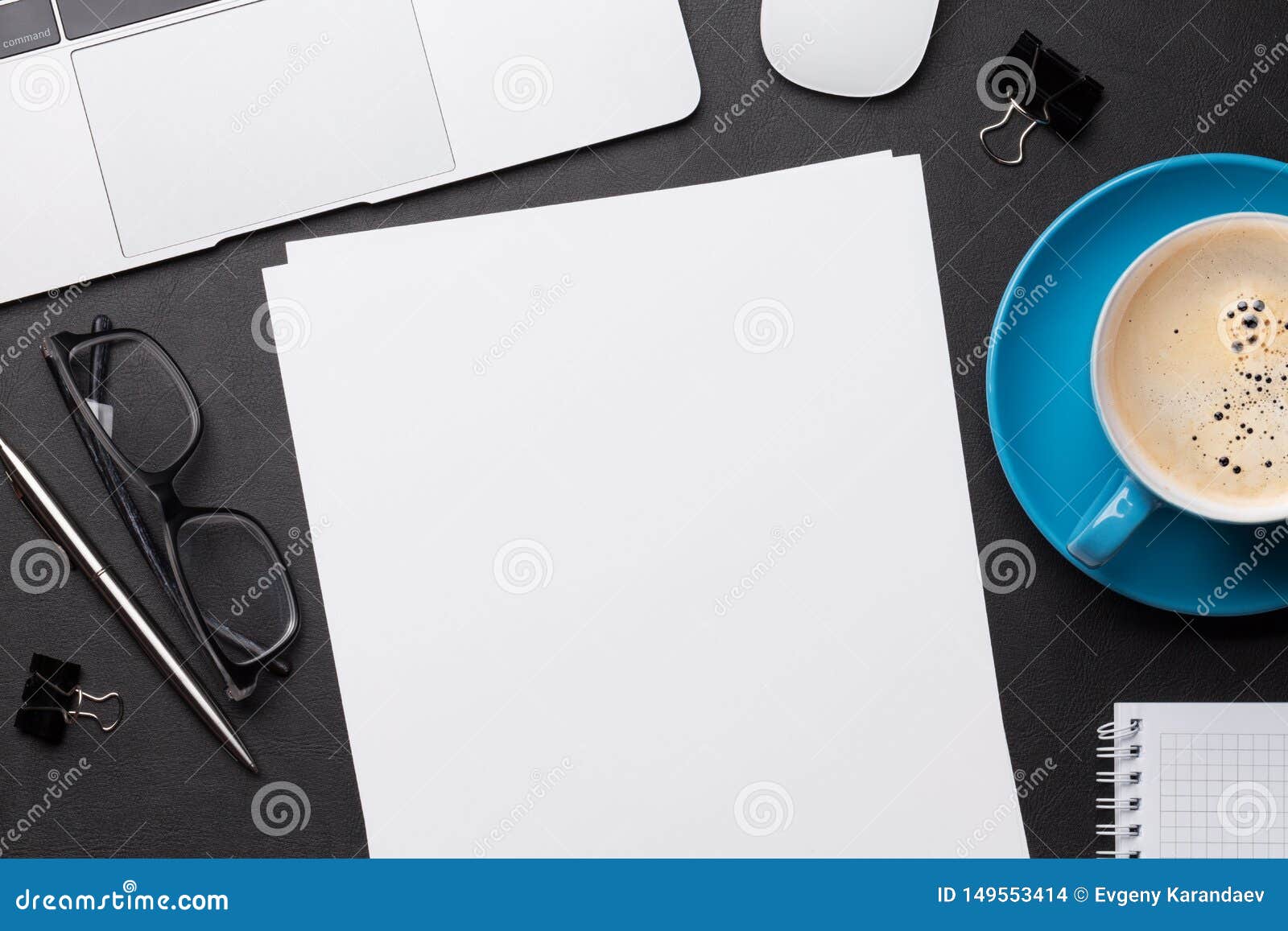 Office Workplace Table with Blank Paper Page Stock Photo - Image of ...