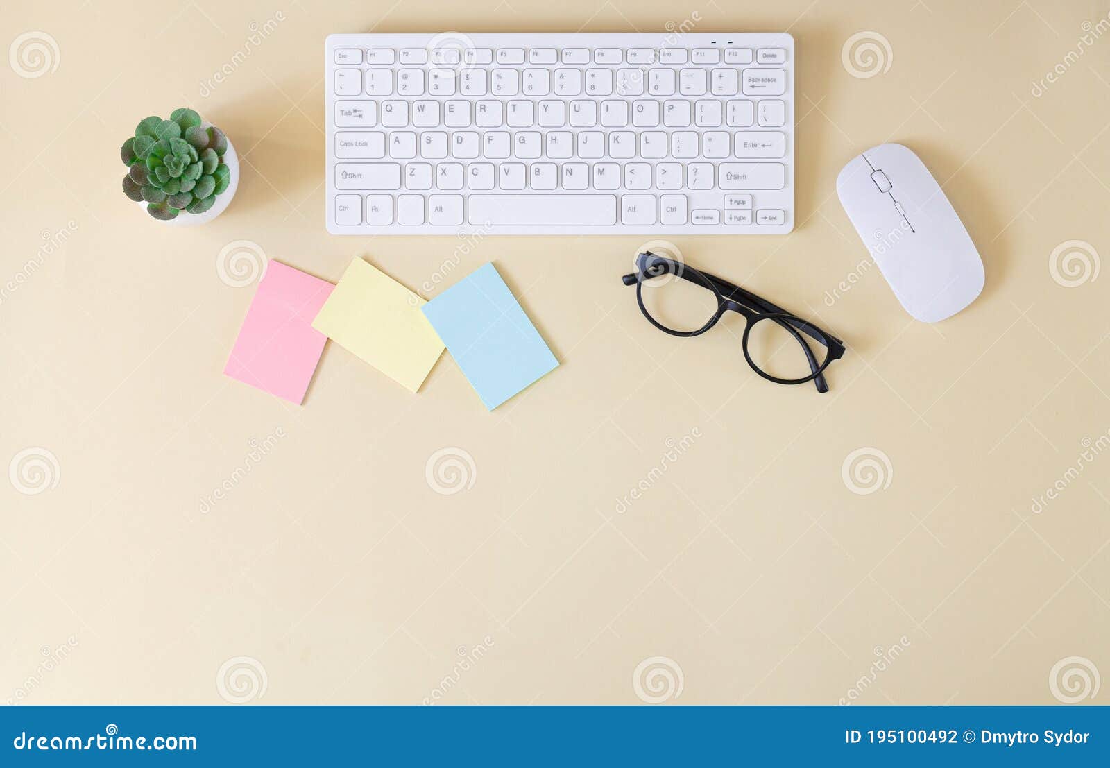 Office Workplace Table with Computer Keyboard, Mouse, Glasses, Stickers ...