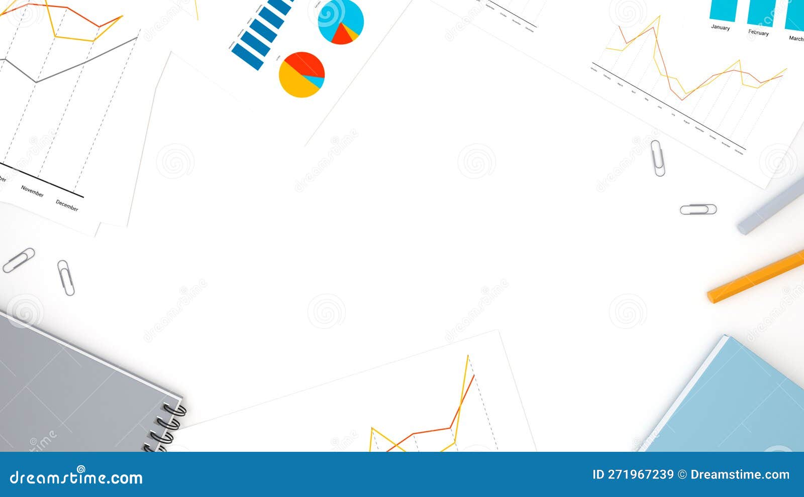 Office Workplace Table with Report Page, Supplies, Diagram, Notepad and ...