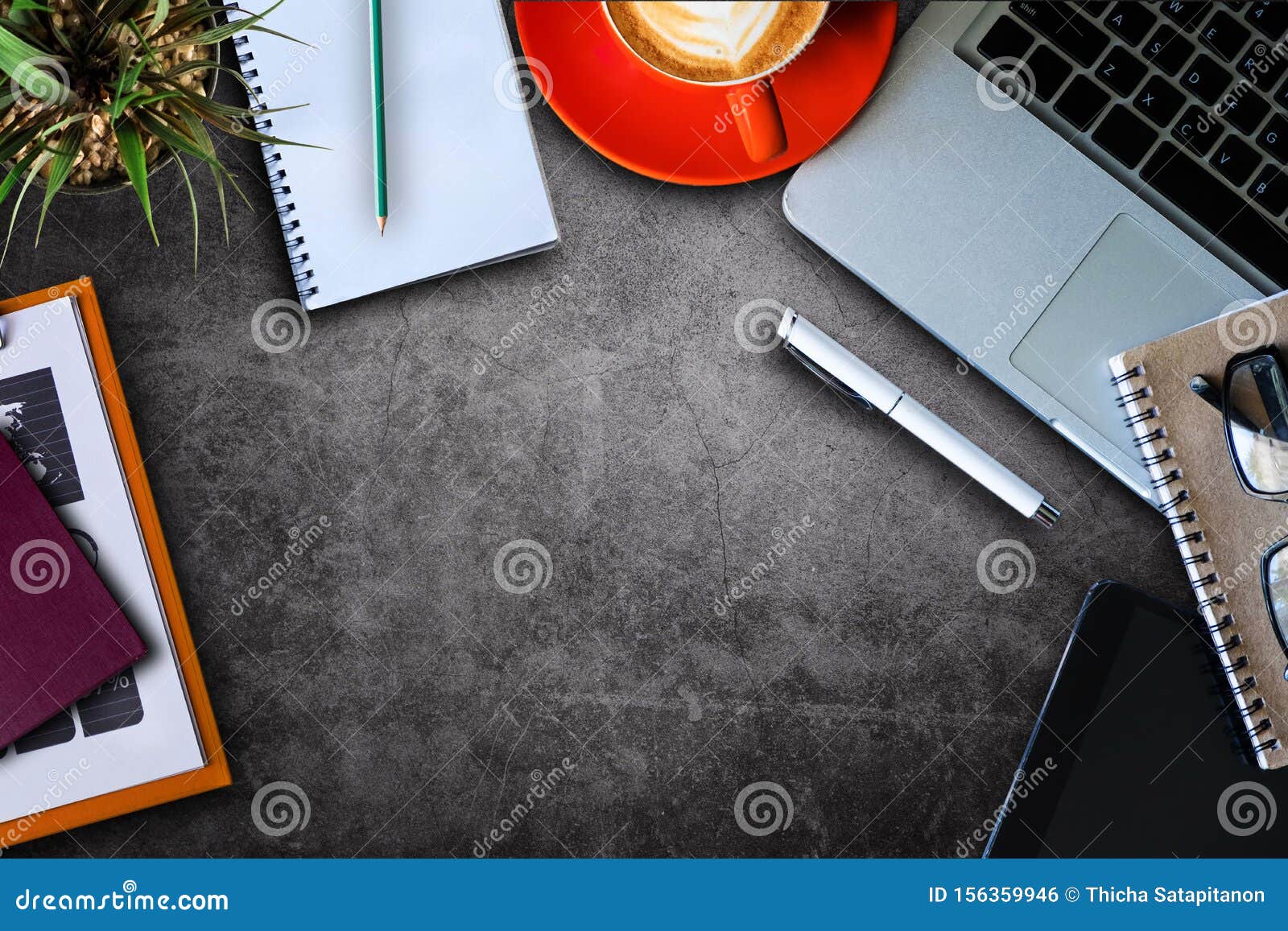 Office Workplace Table with Supplies and Pc. Top View. Stock Photo ...