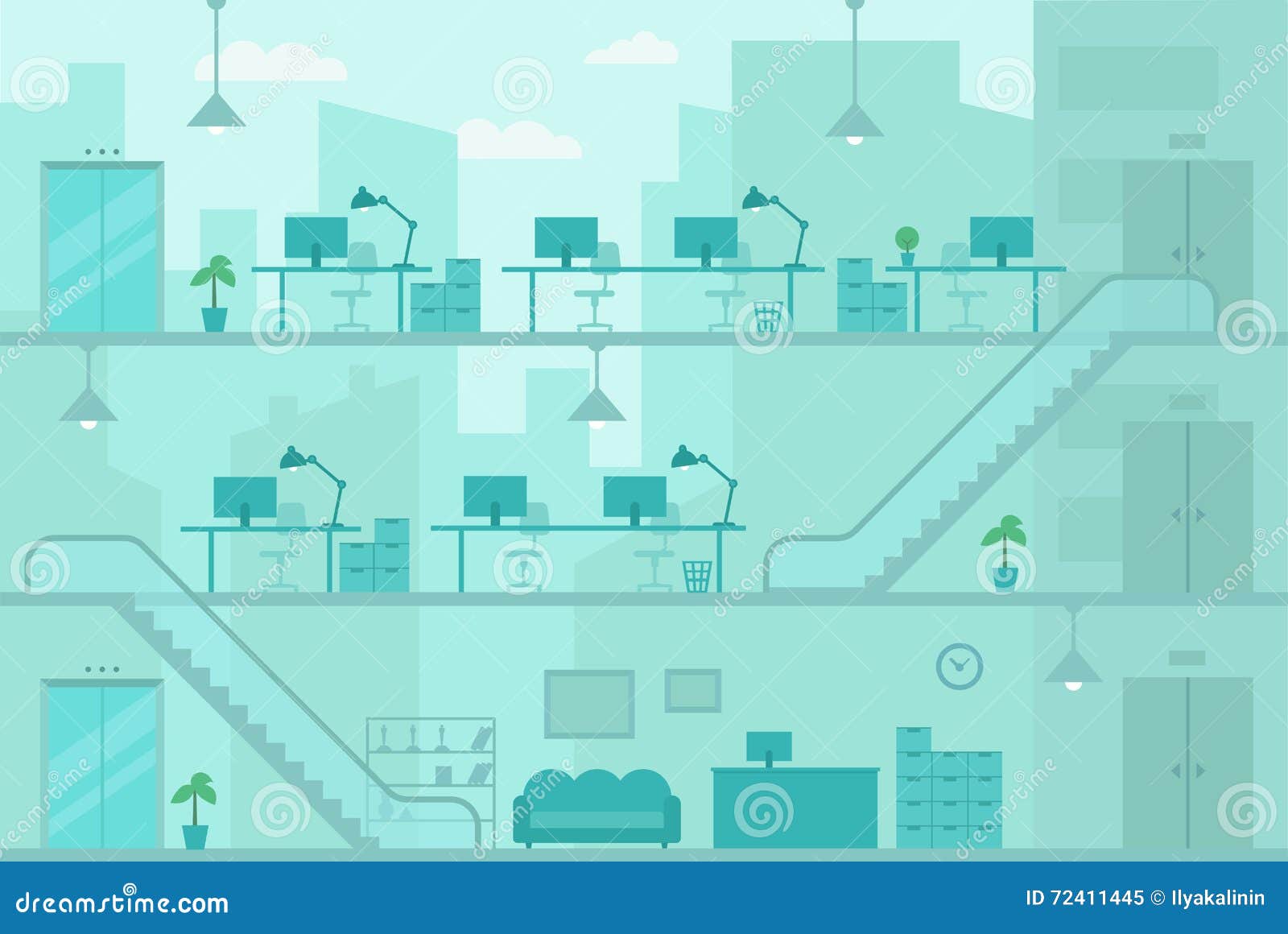 Office Workplace Tables Monitors with View from Window Background for ...