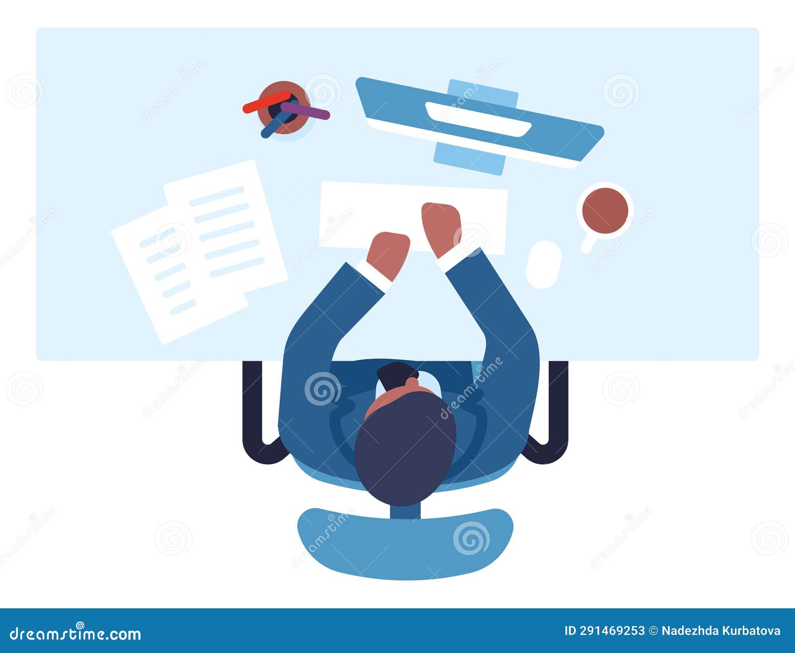 Office Workplace Top View. Man Working with Computer. Employee Sitting ...