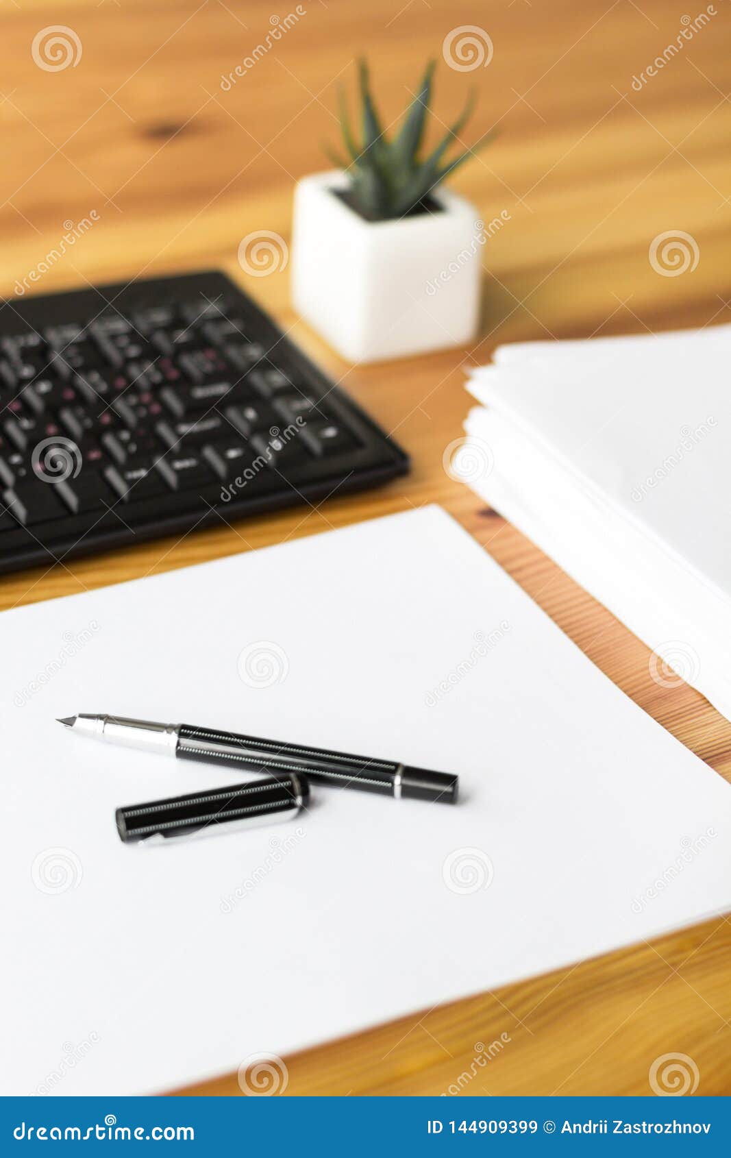 Office Workplace on Wood Table. Vertical Image Stock Image - Image of ...