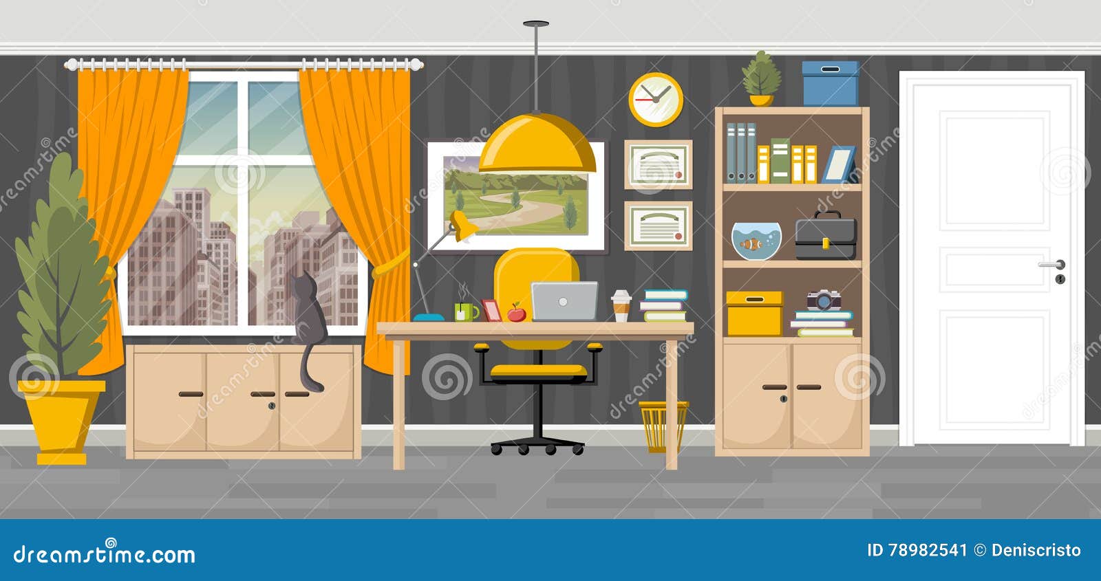 Office Workspace Chair Desk Cabinet Water Dispenser Certificate Lamp ...