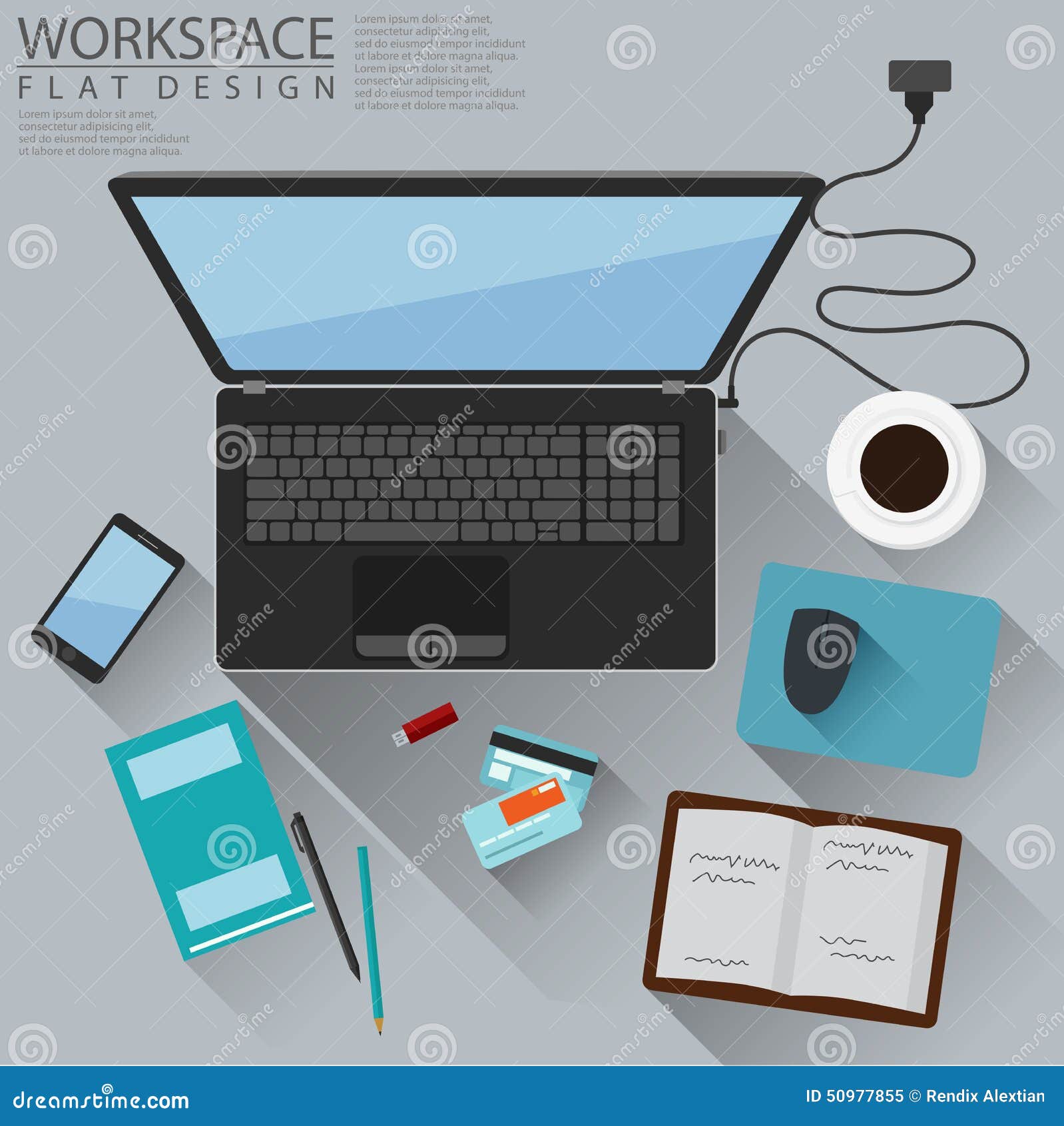 Office Workspace Computer Top View Flat Design Stock Vector ...