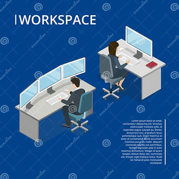 Office Workspace 3d Isometric Banner Stock Vector - Illustration of ...