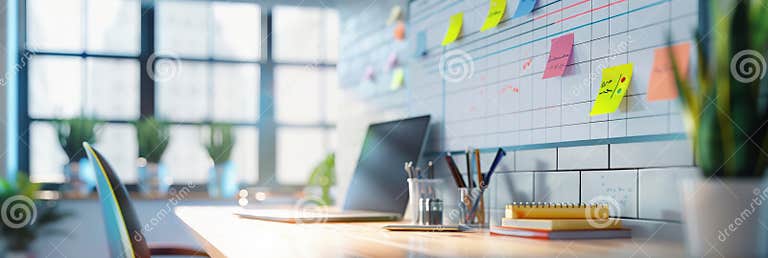 Office Workspace with Desk, Computer, and Wall Covered in Sticky Notes ...