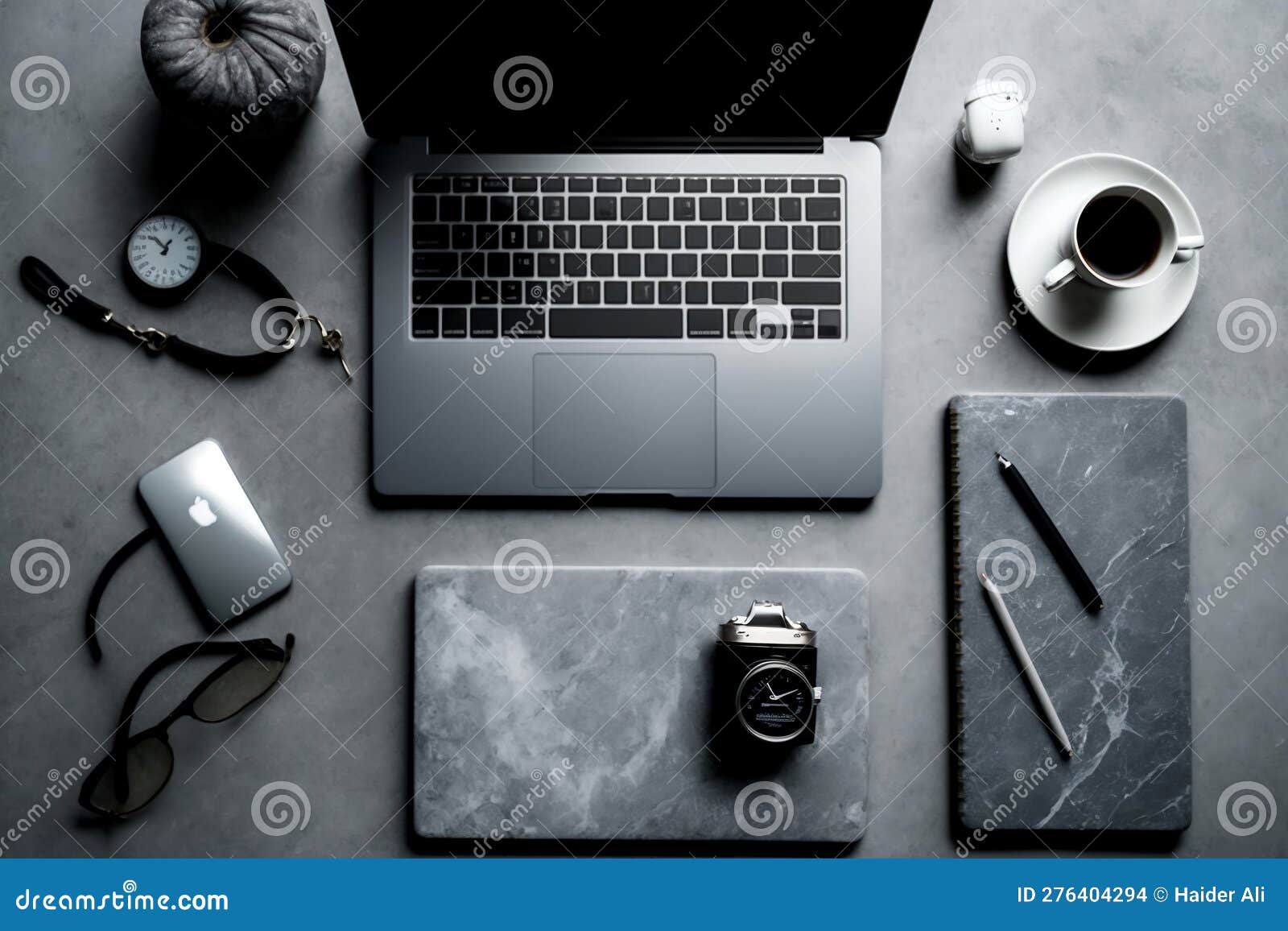 Office Workspace Flat Lay with Laptop on Grey Stone Background ...