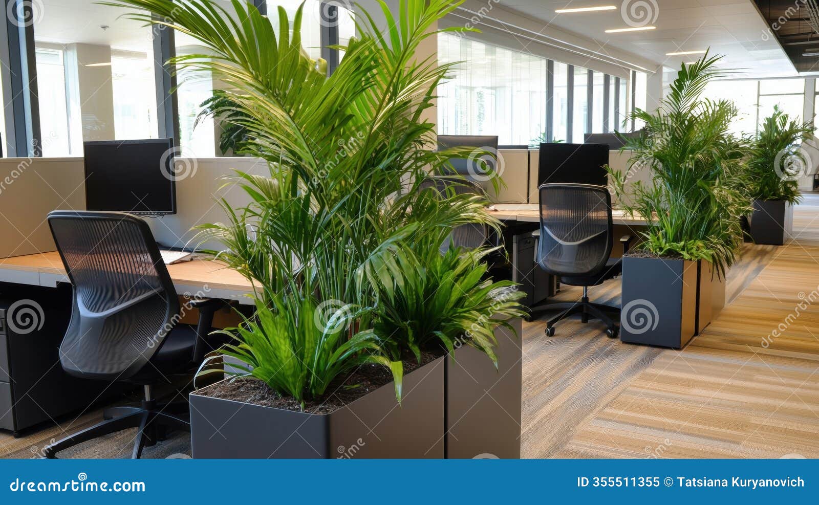 Office Workspace with Greenery, Modern Design, Plants in Planters ...