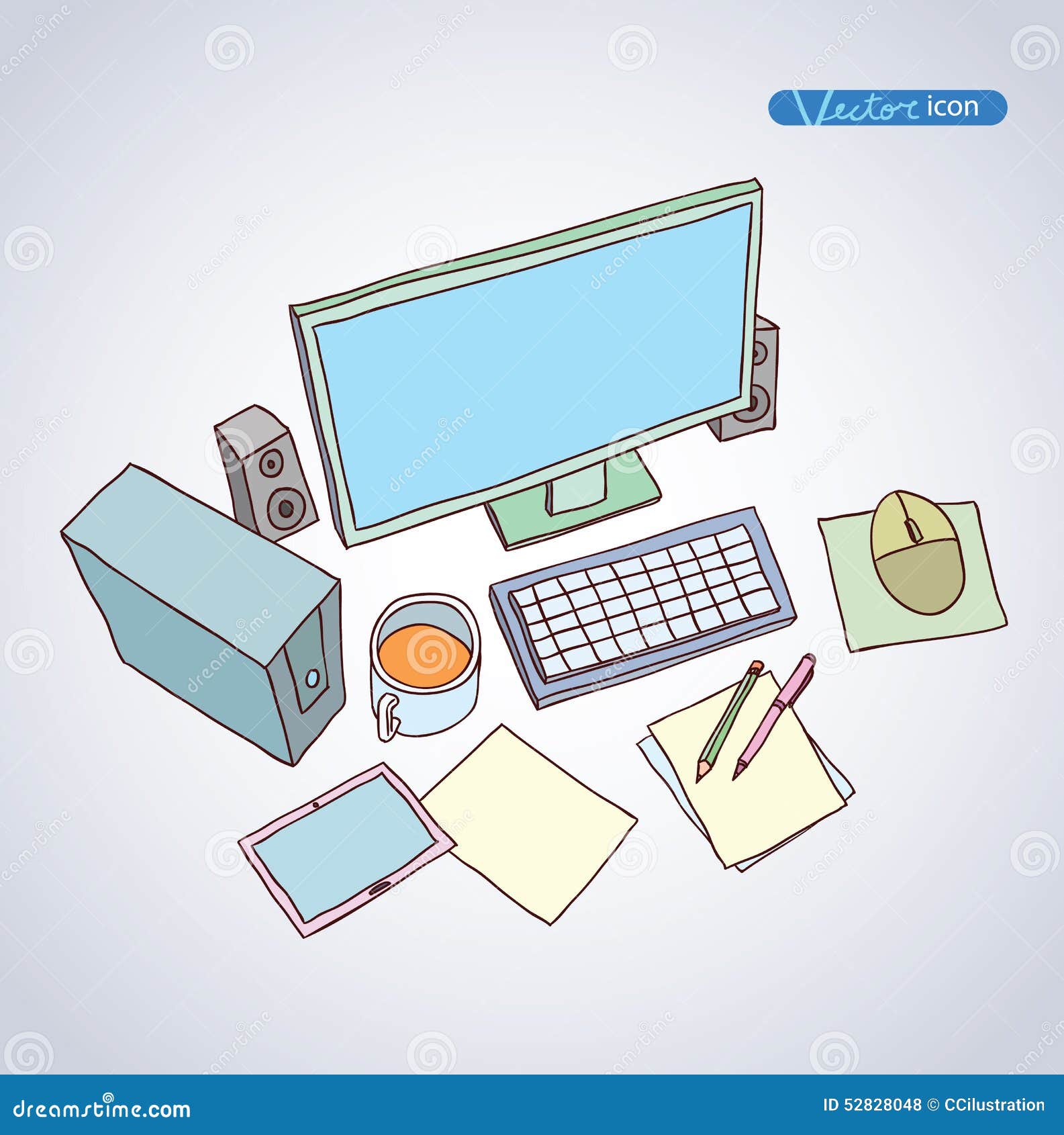 Office Workspace, Hand Drawn Vector Illustration Stock Vector ...