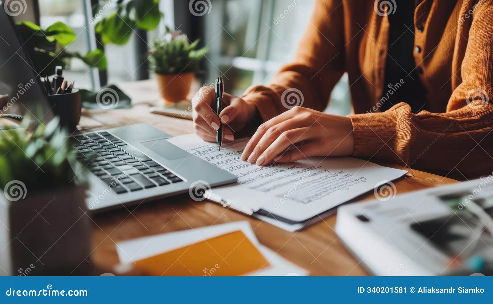 Office Workspace with Hands Busy Writing on a Document Stock ...