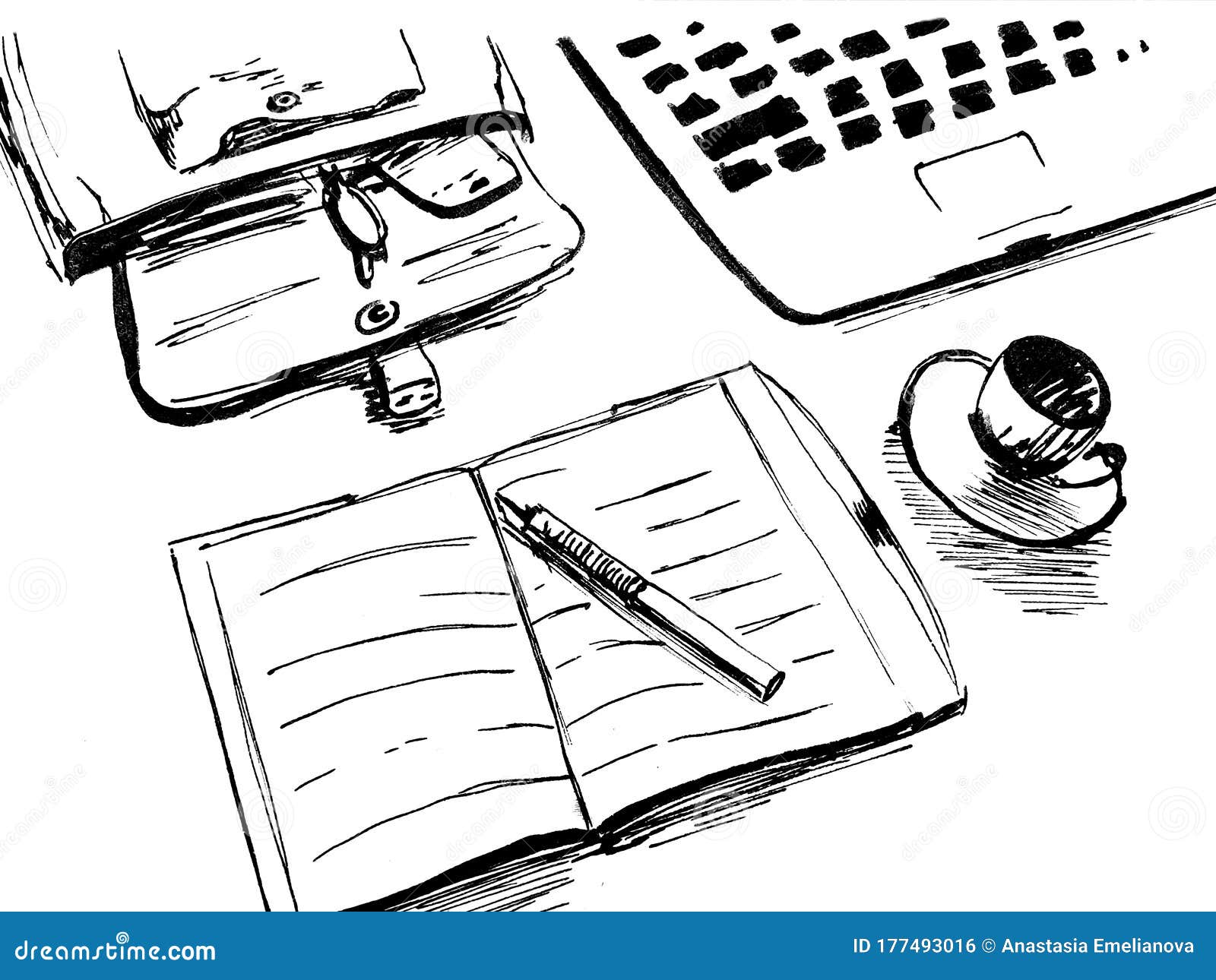 The Office Workspace Ink Drawing Stock Illustration - Illustration of ...