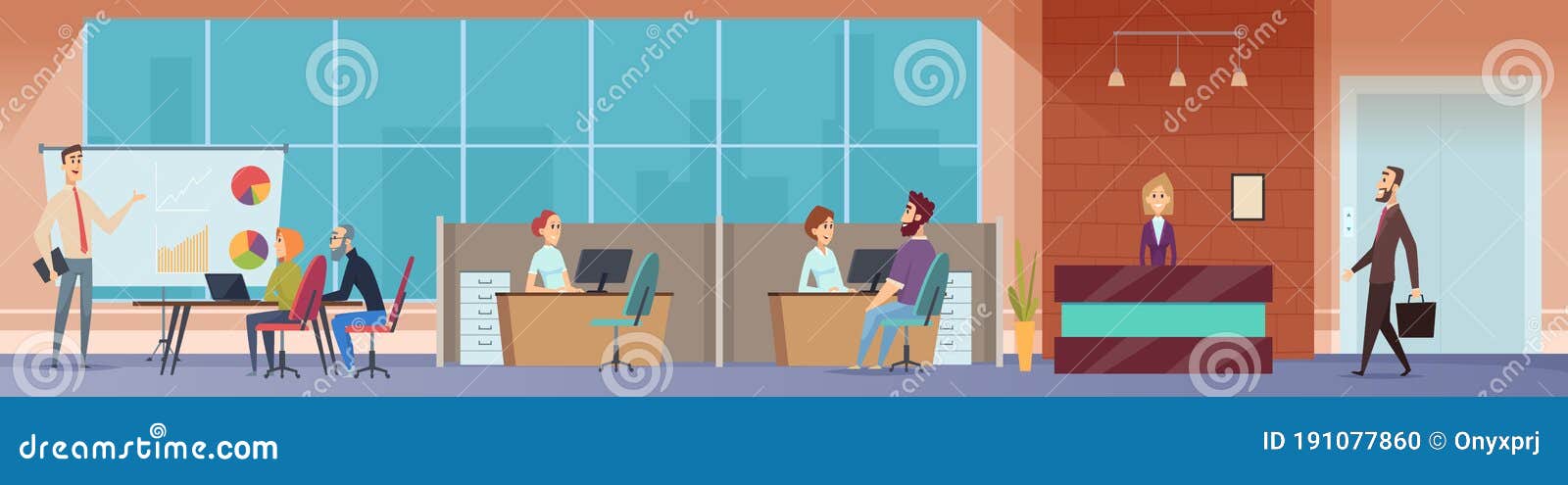 Office Workspace. Managers Business People Working At Computers Modern ...