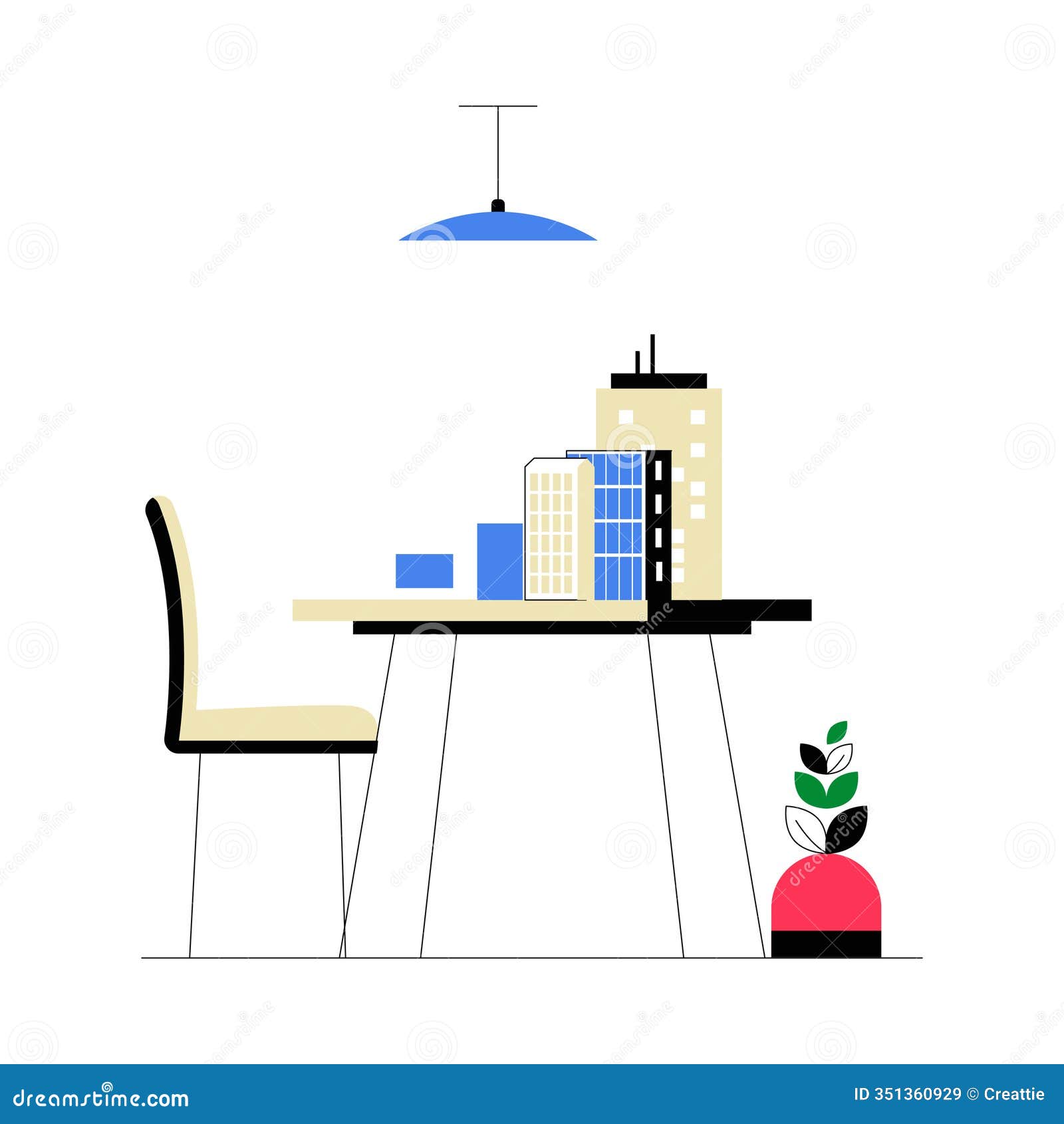 Office Workspace with Model Buildings in Flat Vector Illustration ...