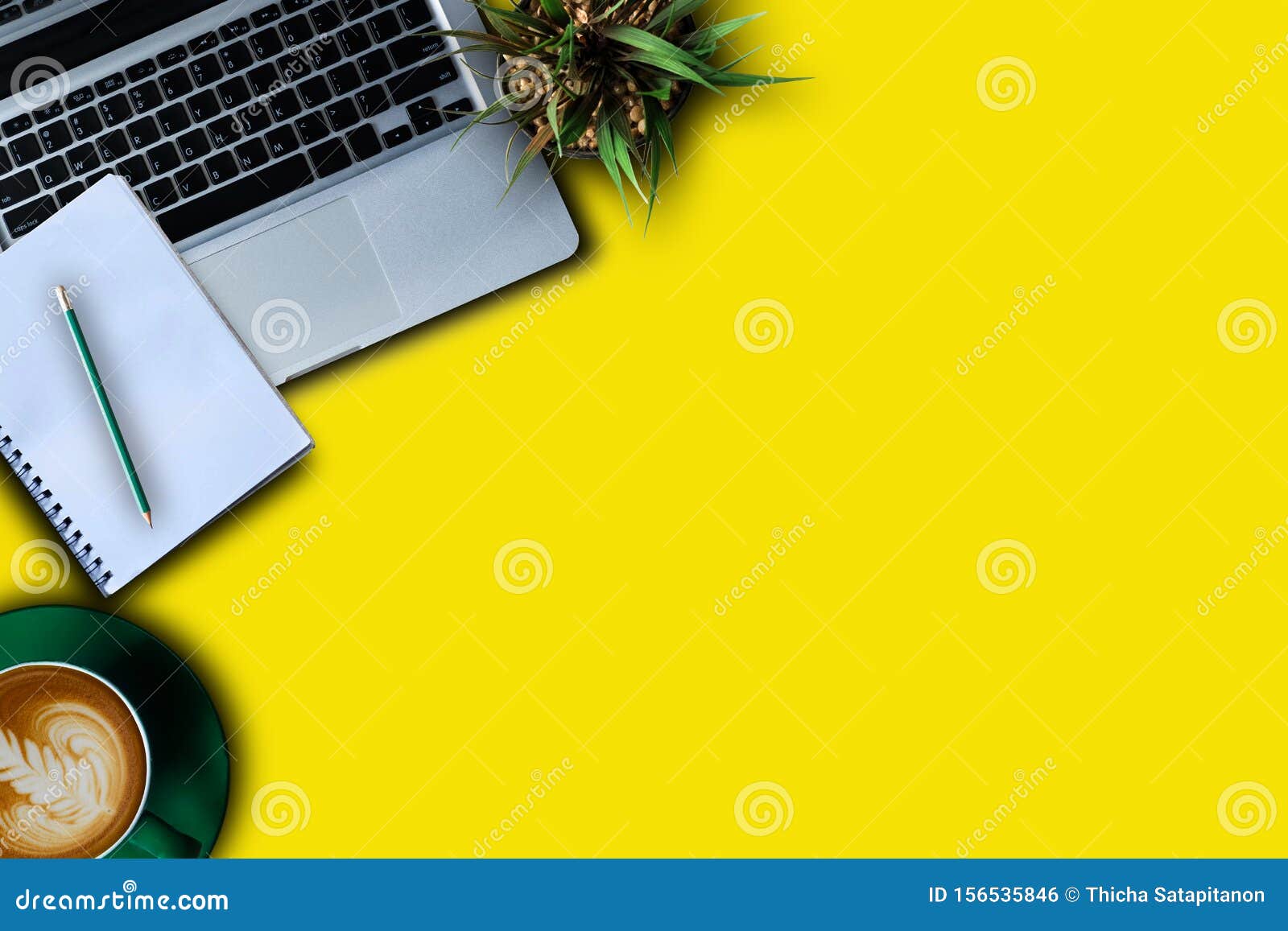 Office Yellow Workplace Backdrop with Coffee Cup, Supplies and Computer ...