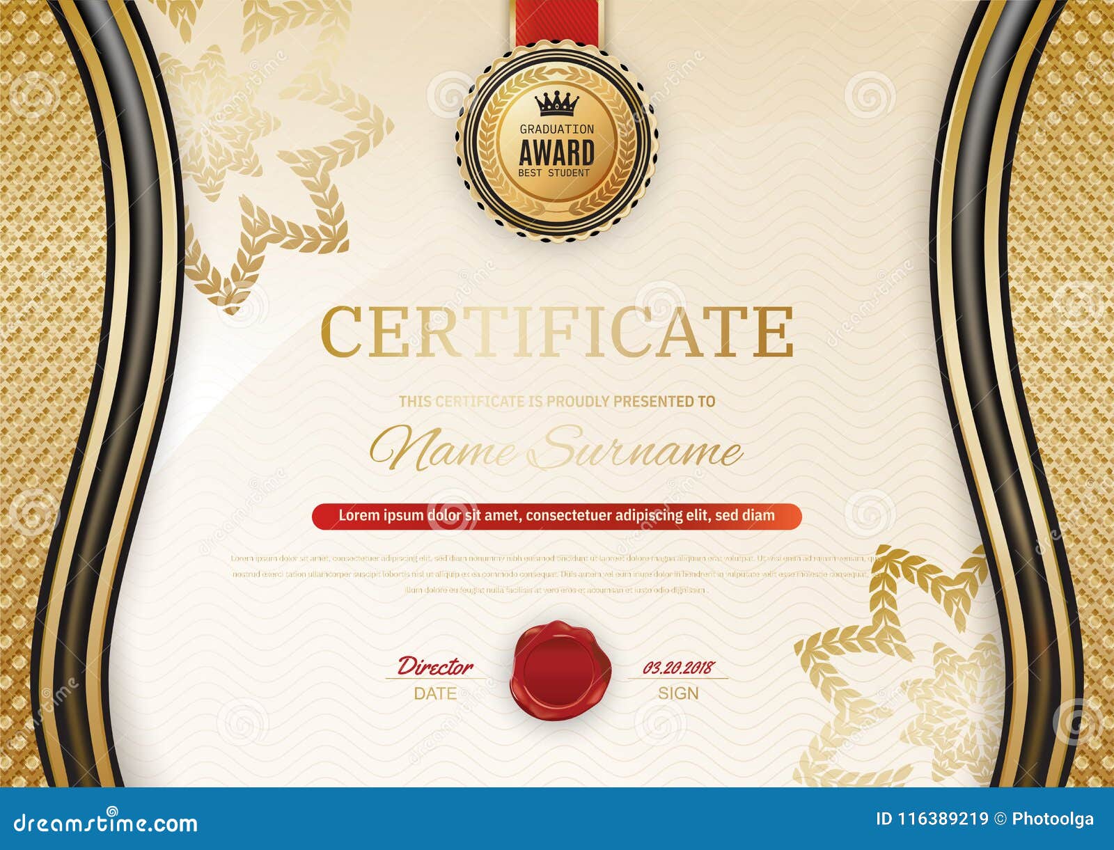 Official Black Certificate With Gold Wave Design Elements. Gold Emblem ...