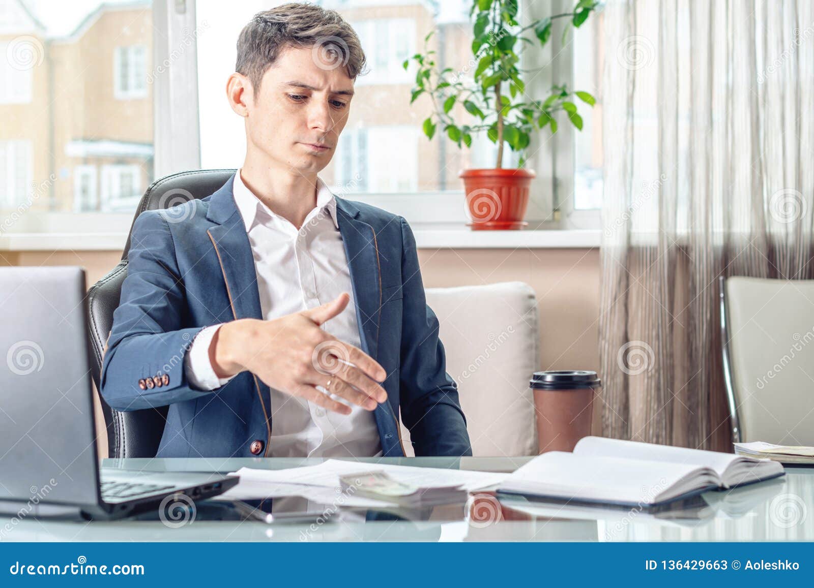 Official Businessman Sitting at Workplace in Office Refuses Bribes ...