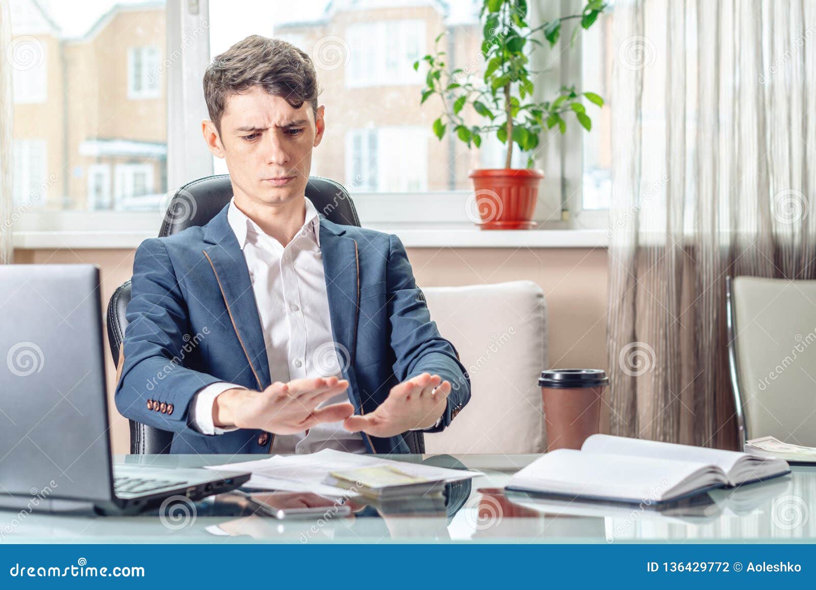 Official Businessman Sitting at Workplace in Office Refuses Bribes ...