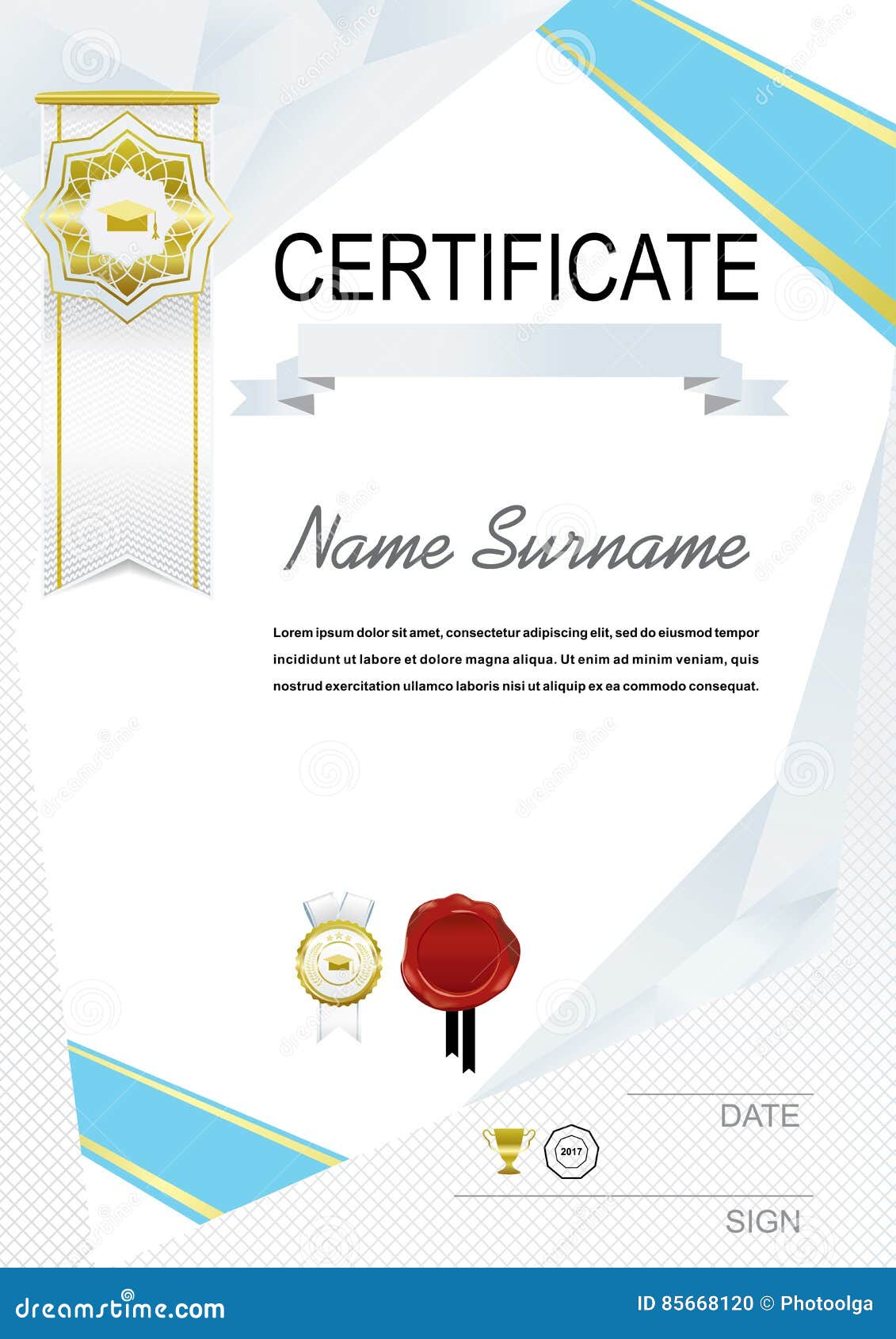 Official White Modern Certificate and White Emblem, Blue Ribbon Stock ...