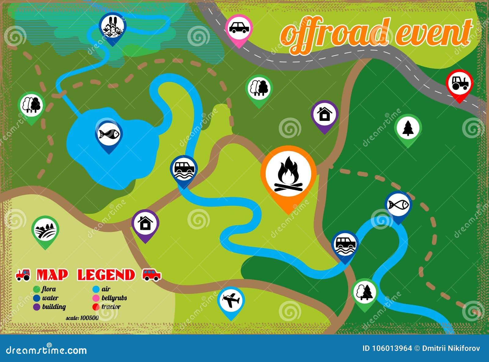 Offroad Event and Camping Map Icons Set. Vector Illustration. Stock ...