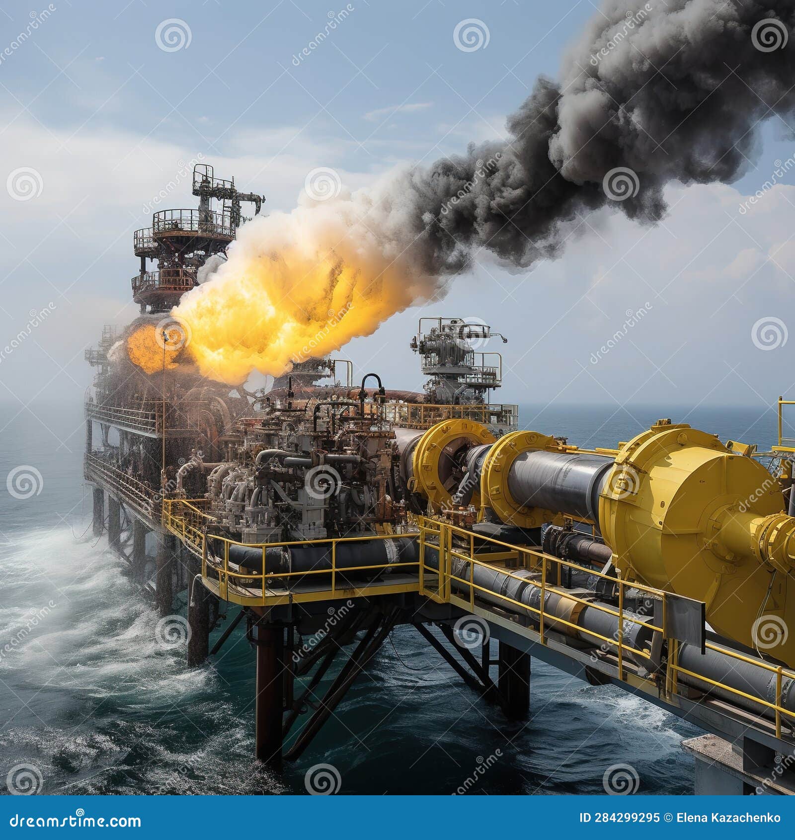 Offshore Construction Platform for Production Oil and Gas in Fire, Oil ...