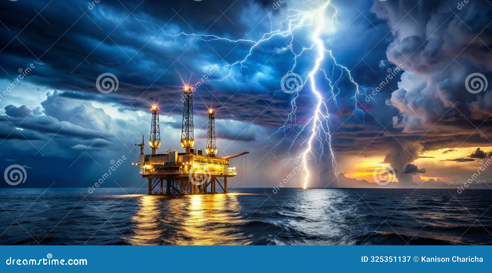 Offshore Drilling Platform during a Lightning Storm the Strikes ...