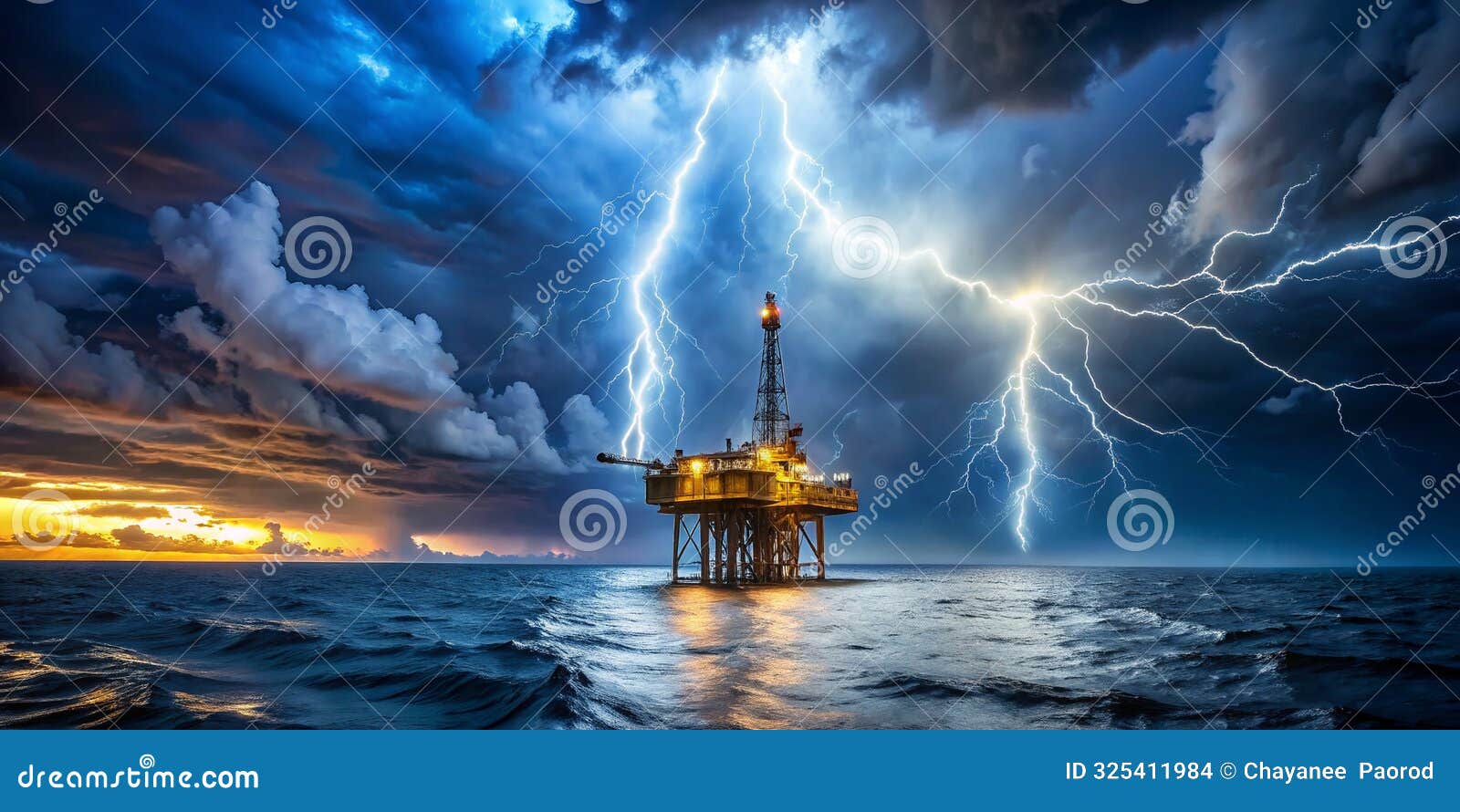 Offshore Drilling Platform during a Lightning Storm the Strikes ...