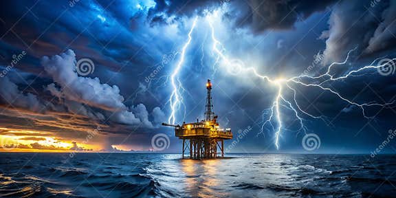 Offshore Drilling Platform during a Lightning Storm the Strikes ...