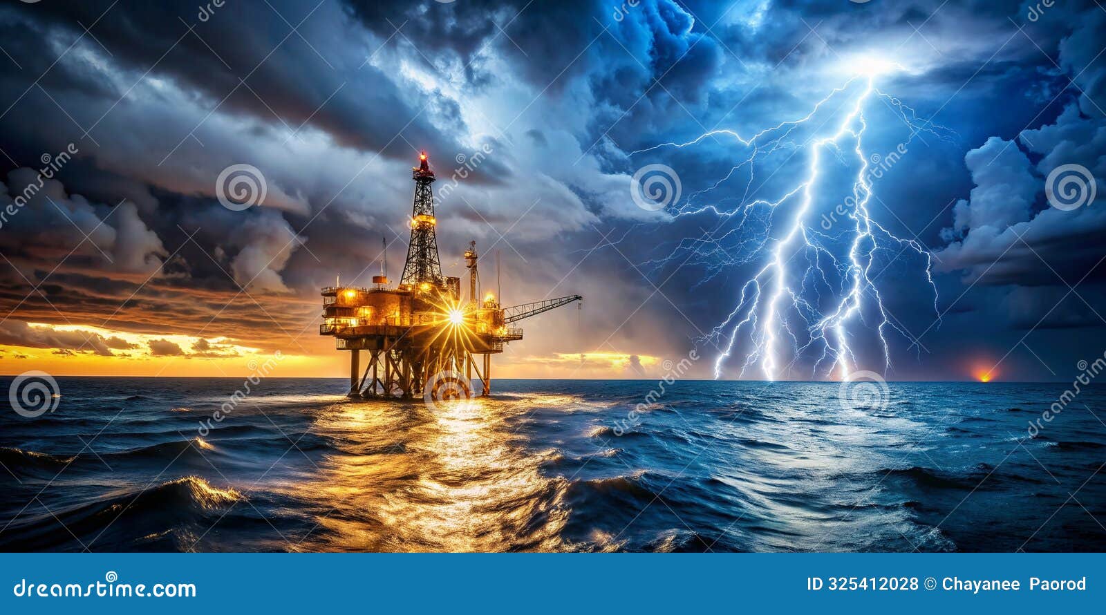 Offshore Drilling Platform during a Lightning Storm the Strikes ...