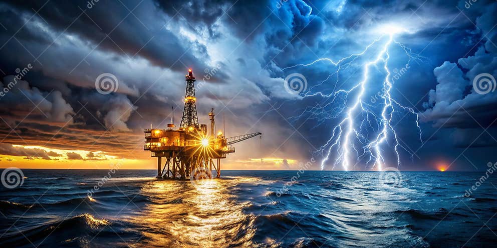 Offshore Drilling Platform during a Lightning Storm the Strikes ...