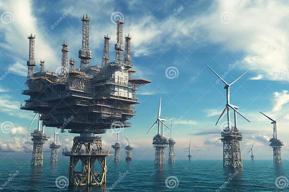 Offshore Energy Platforms with Wind Turbines in a Clear Blue Sea Stock ... Offshore Energy Platforms with Wind Turbines in a Clear Blue Sea Stock ...