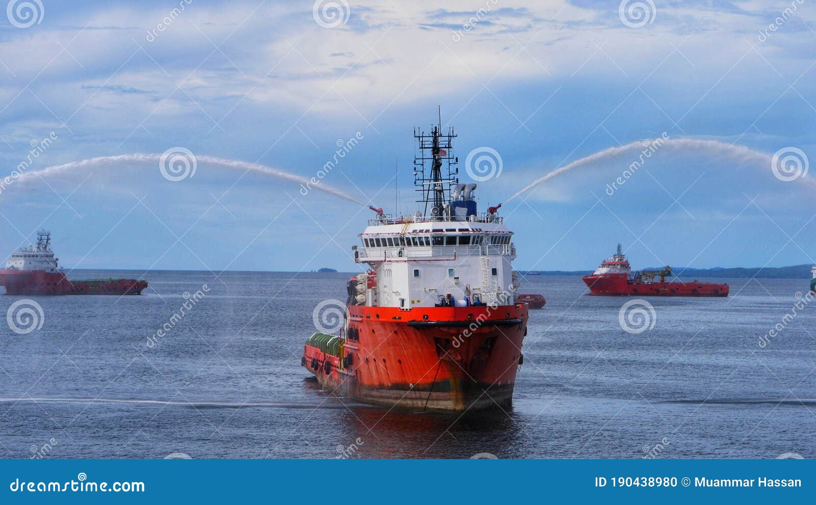 An Offshore Marine Vessel Doing FiFi Testing or Fire Fighting Training ...