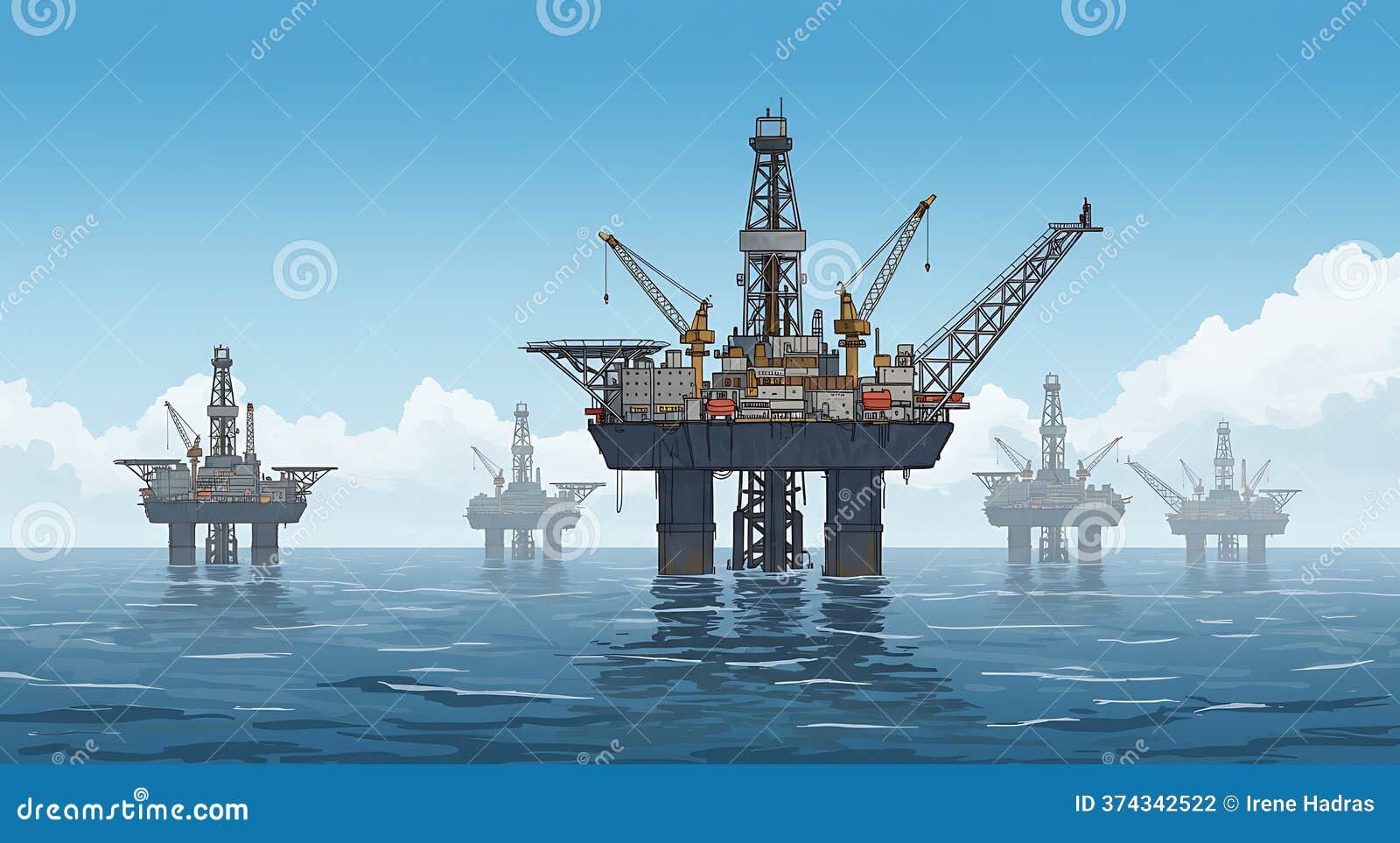 Offshore Oil Rig Platforms And Support Vessels Navigate Across A ...