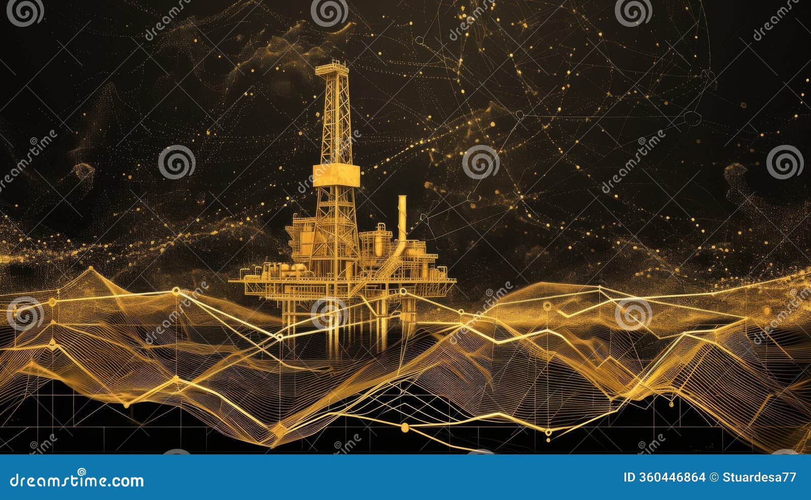 Offshore Oil Rig with Golden Data Visualization Overlay Stock Photo ...