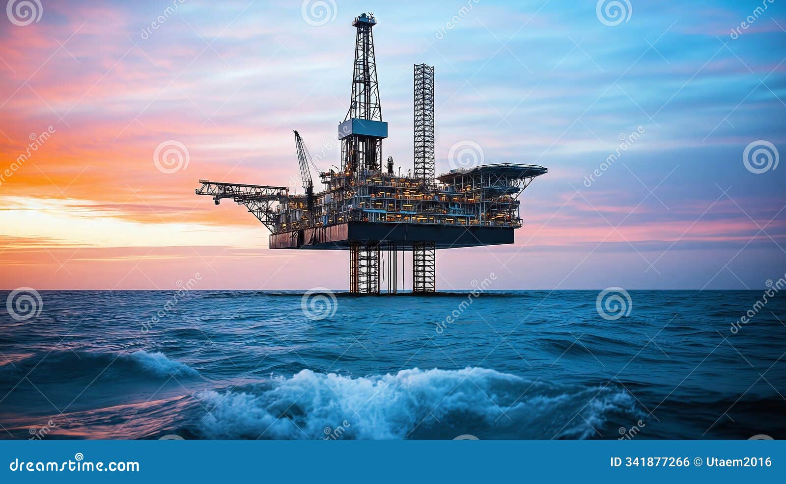 Offshore Oil Rig Platform Operating at Sunset with Dramatic Sky Stock ...