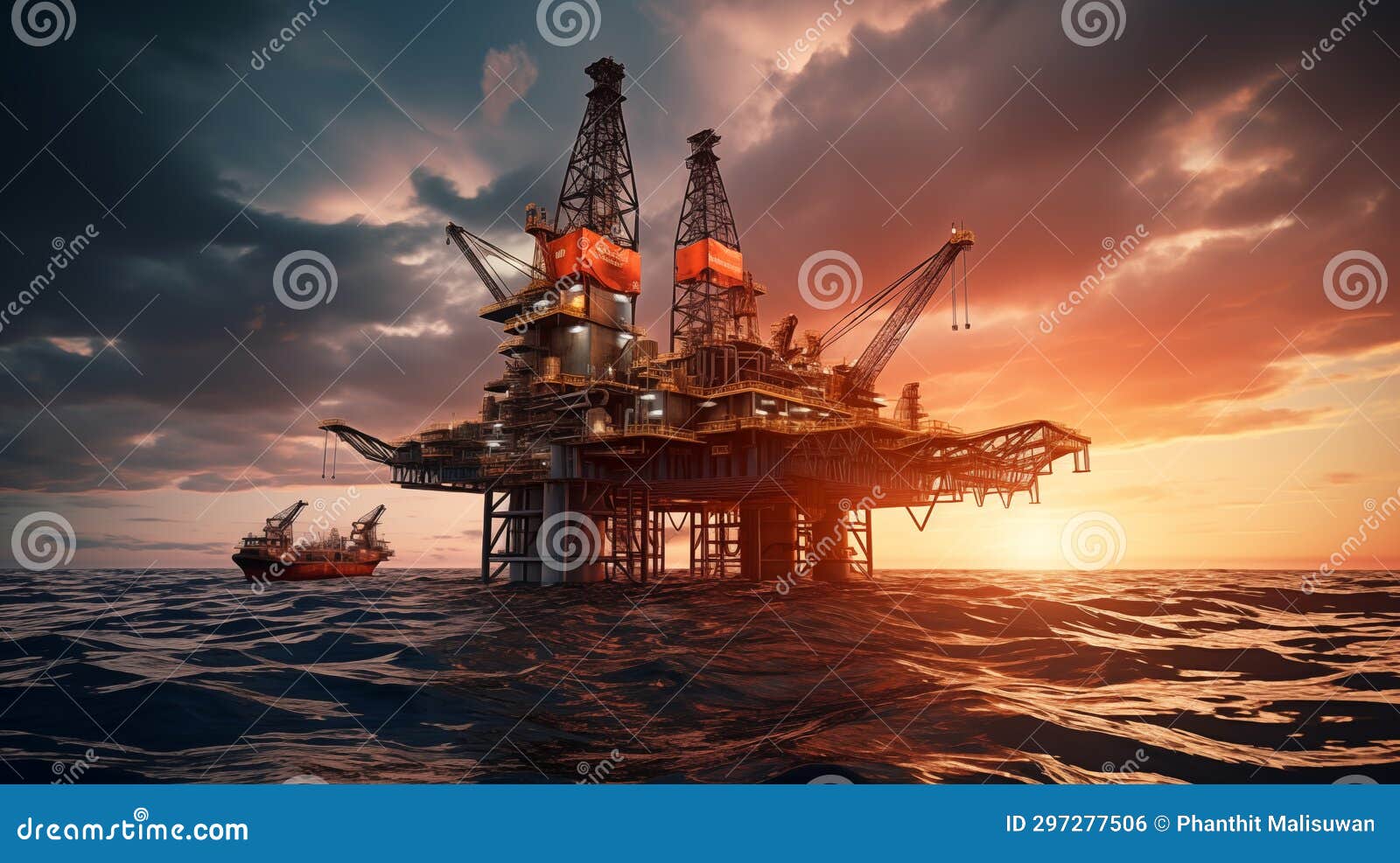 Offshore Oil Rig Set Against the Vibrant Backdrop of a Sunset Sky Stock ...