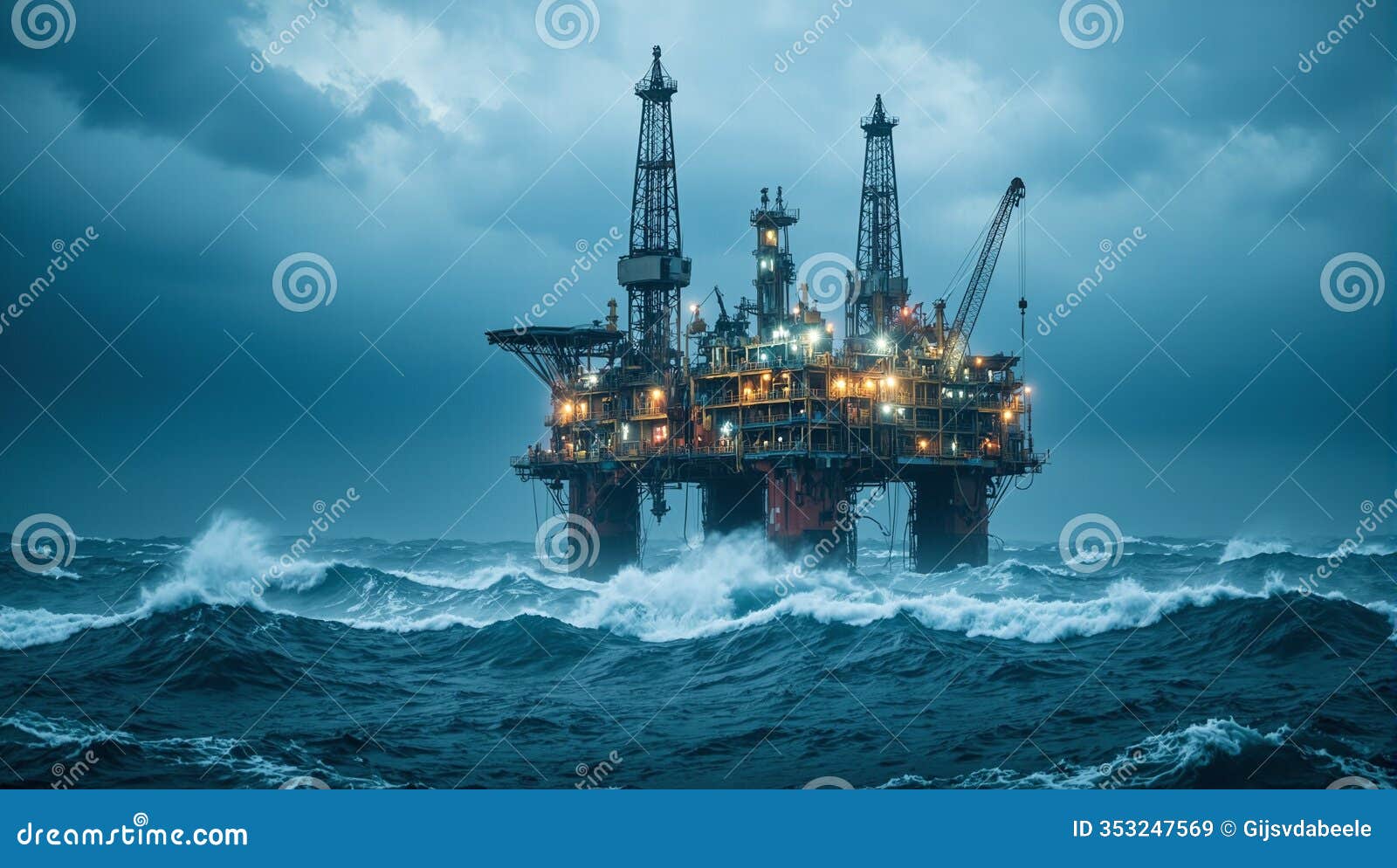 Offshore Oil Rig in Stormy Waves Illuminated by Floodlights Stock ...