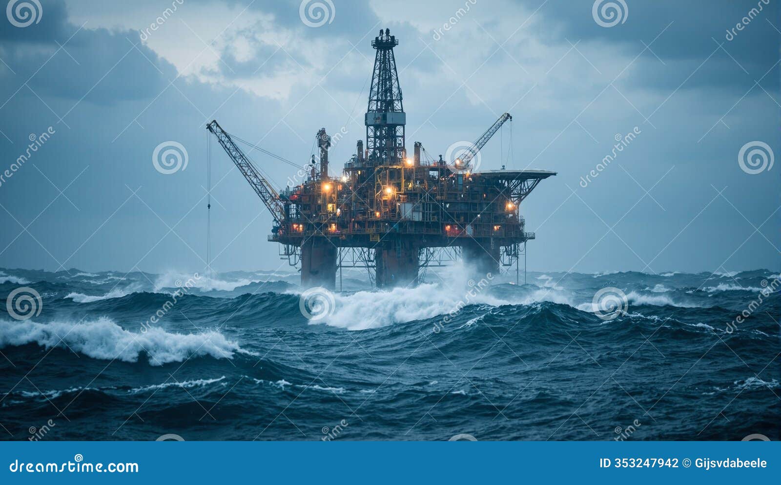 Offshore Oil Rig in Stormy Waves Illuminated by Floodlights Stock ...