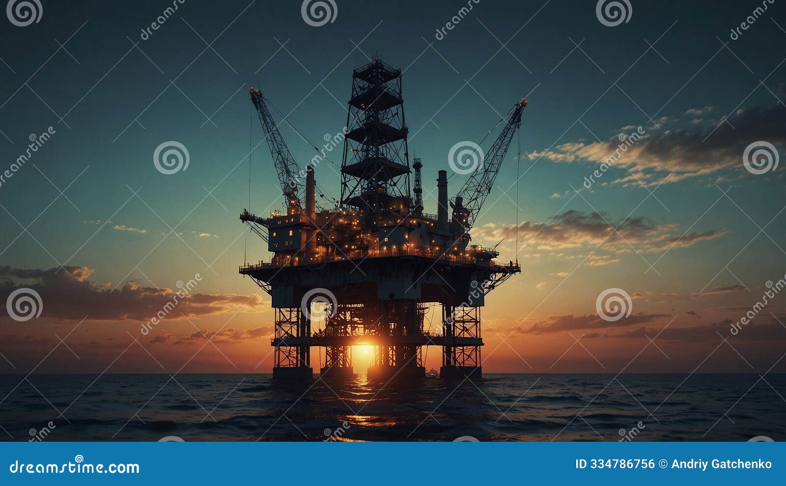 Offshore Oil Rig at Sunset with Dramatic Sky and Ocean Reflection in ...