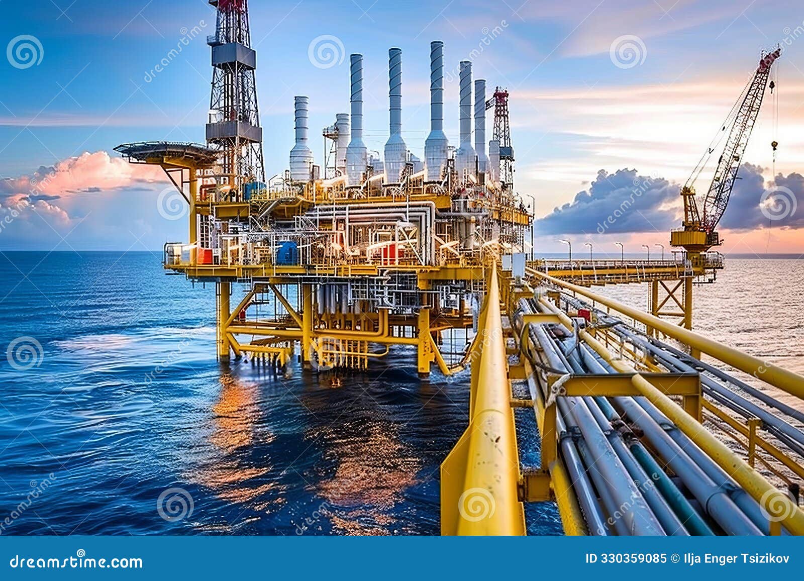 Offshore Oil Rig at Sunset Extraction Platform for Energy Resources, Engineering Marvel at Sea ...