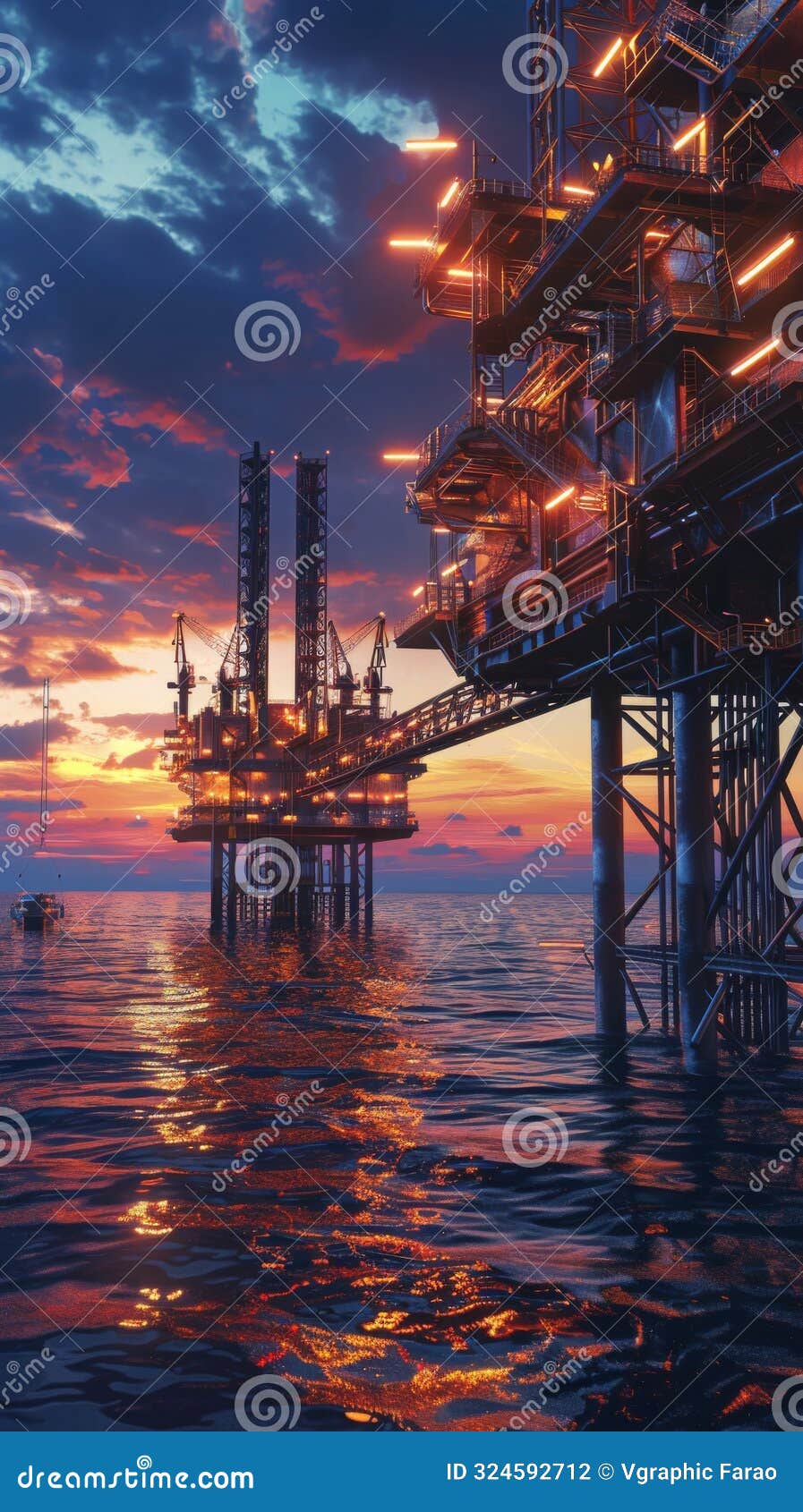 Offshore Oil Rig at Sunset with Vibrant Sky and Reflective Ocean Stock ...