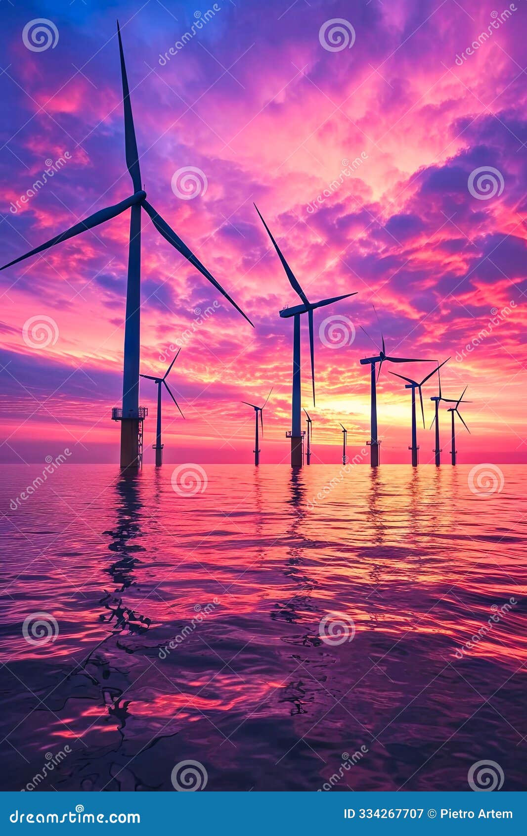 Offshore Wind Farm at Beautiful Dramatic Sunset. Stock Image - Image of ...