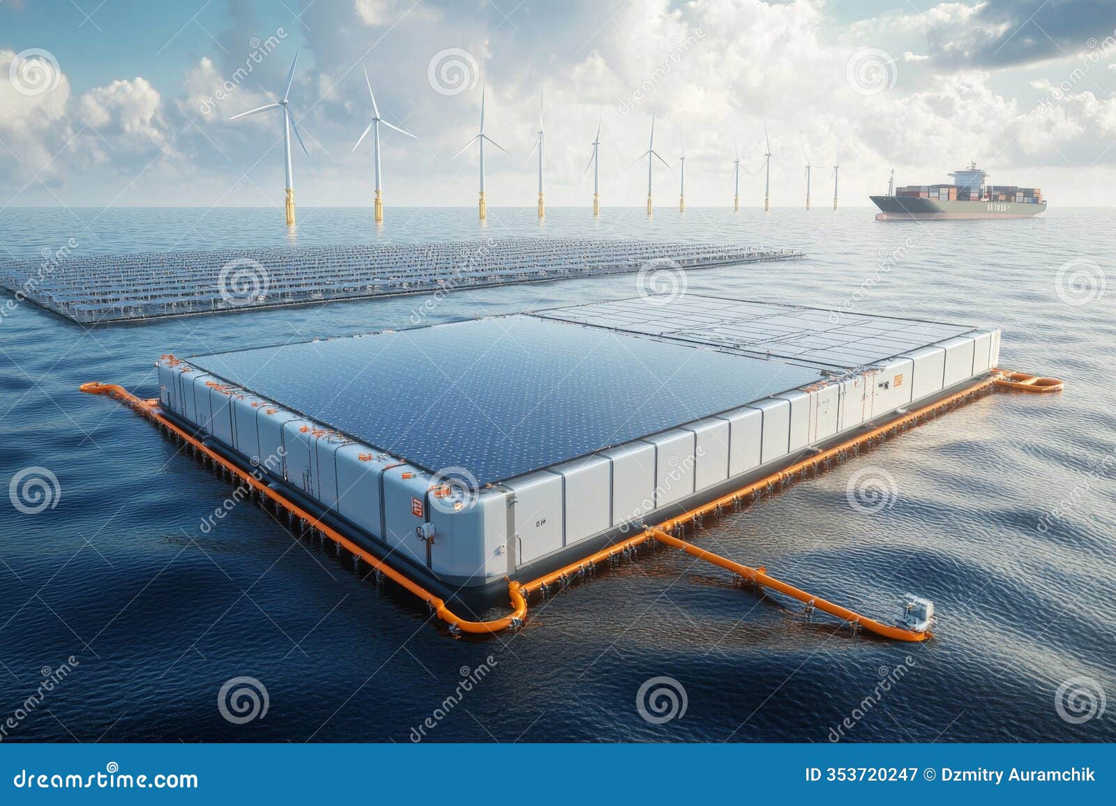 Offshore Wind Farm, Energy Storage Beneath the Waves, and a Cargo Ship ...