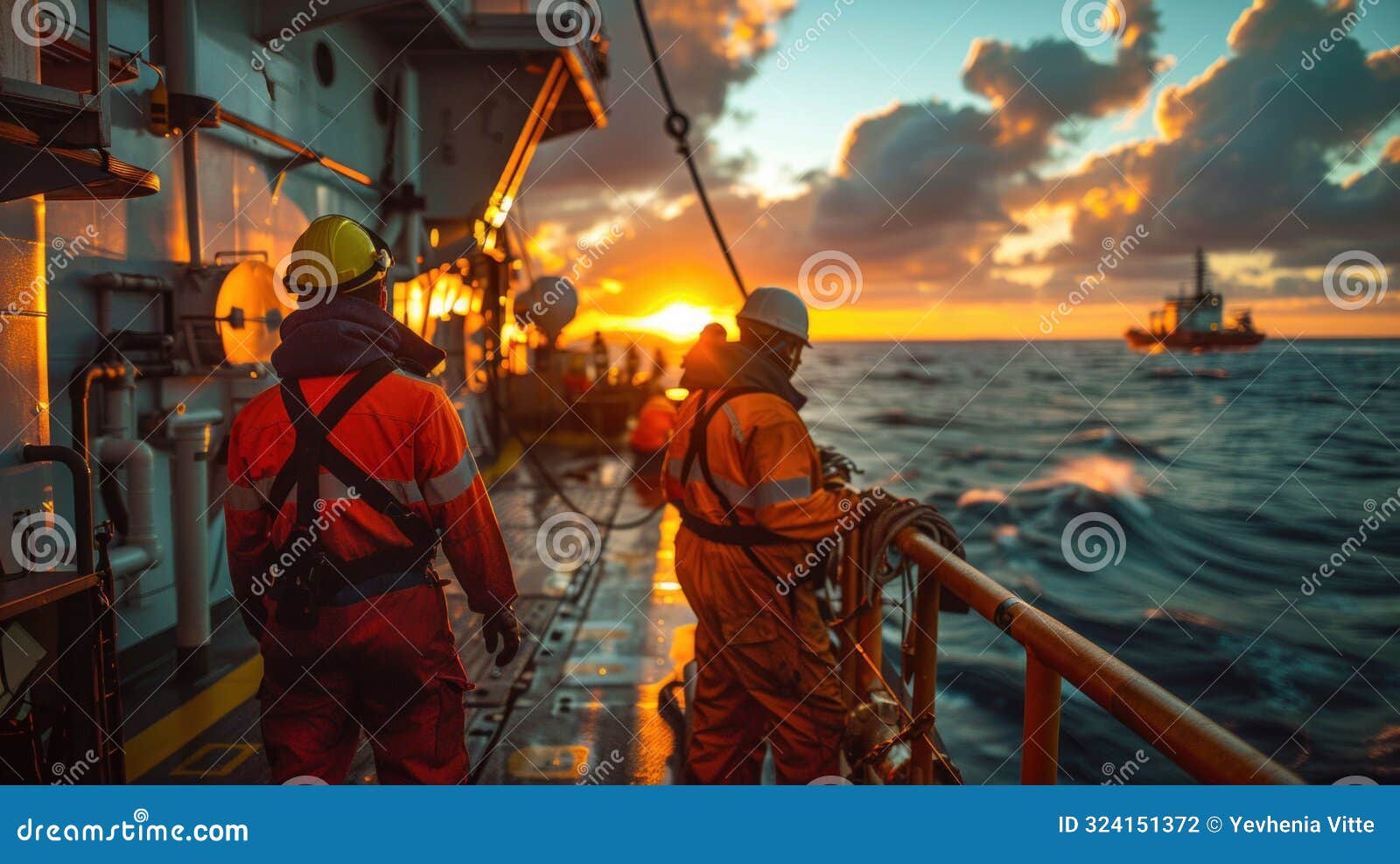 Offshore Oil Rig Workers At Sunset With Dramatic Ocean View And ...