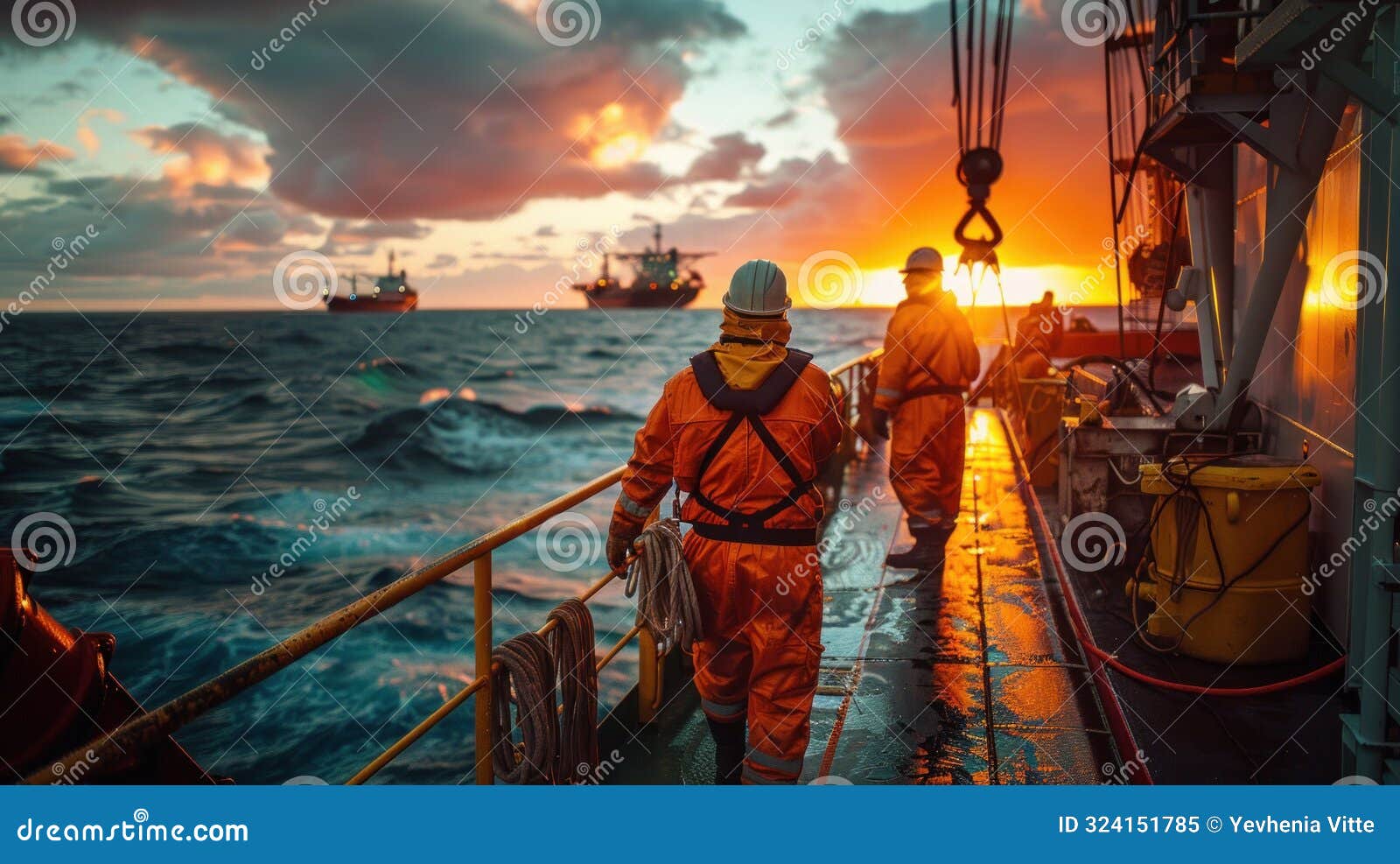 Offshore Oil Rig Workers At Sunset With Dramatic Ocean View And ...